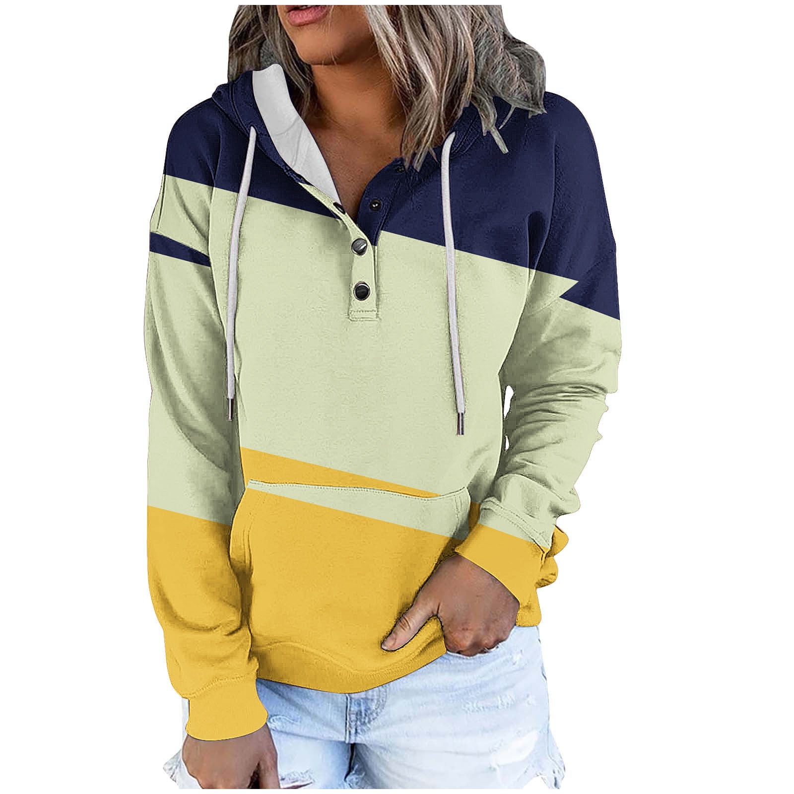 Diufon Womens Drawstring Hoodies Color Block Pullover Tops Long Sleeve ...