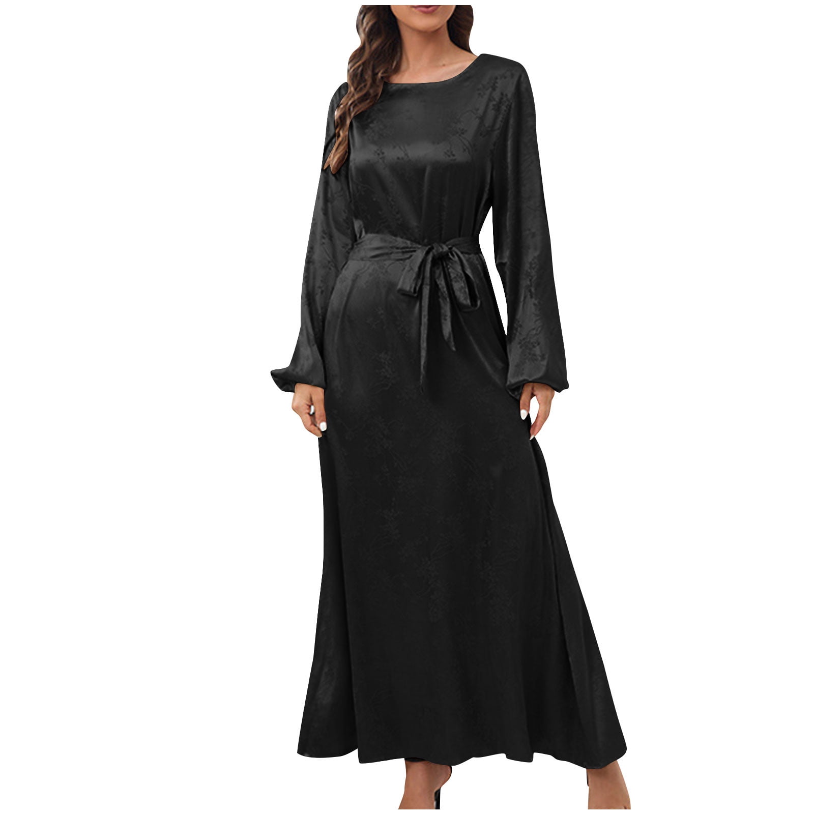 Diufon Womens Maxi Dresses Solid Color Lace-Up Waist Dress Round Neck ...