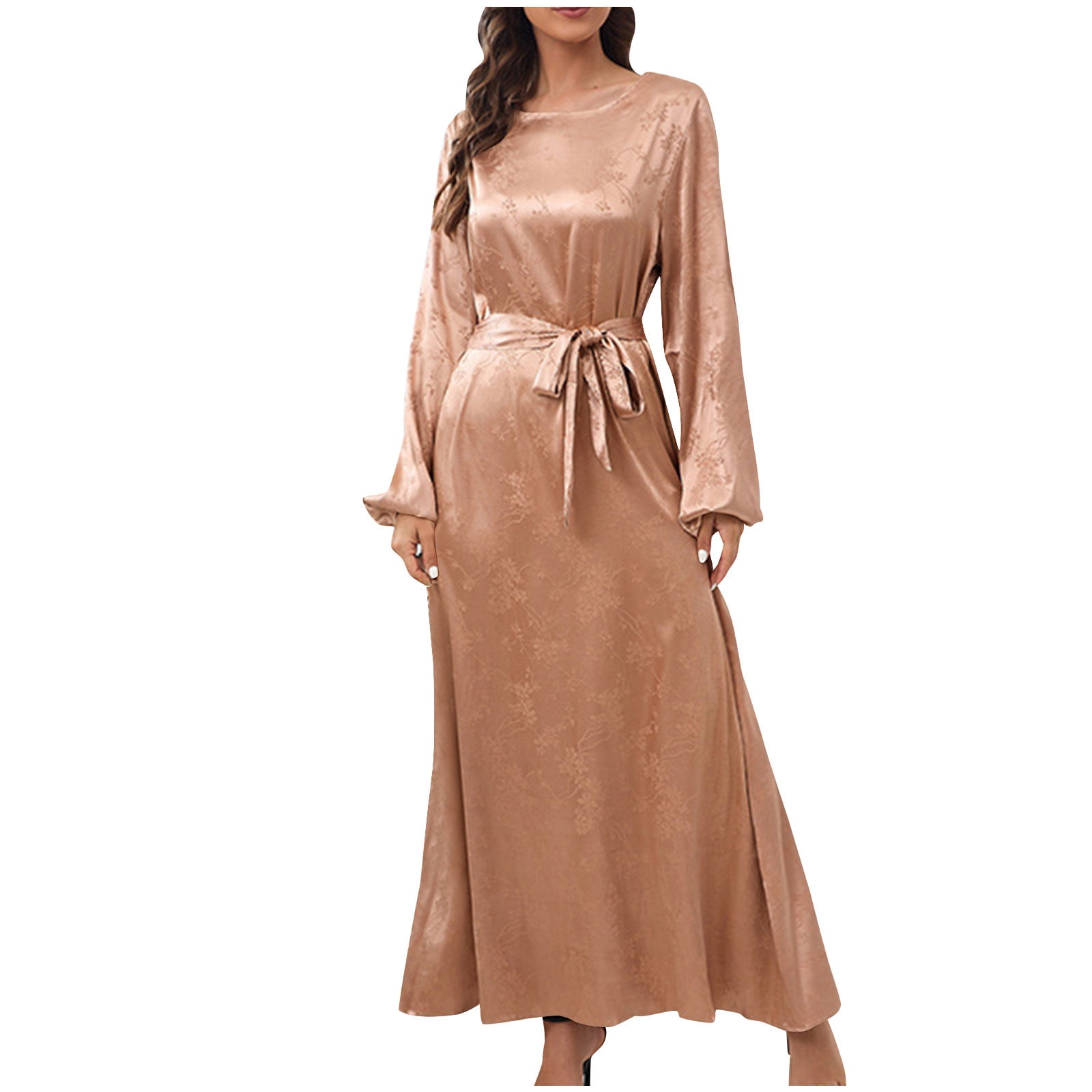 Diufon Womens Maxi Dresses Solid Color Lace-Up Waist Dress Round Neck ...