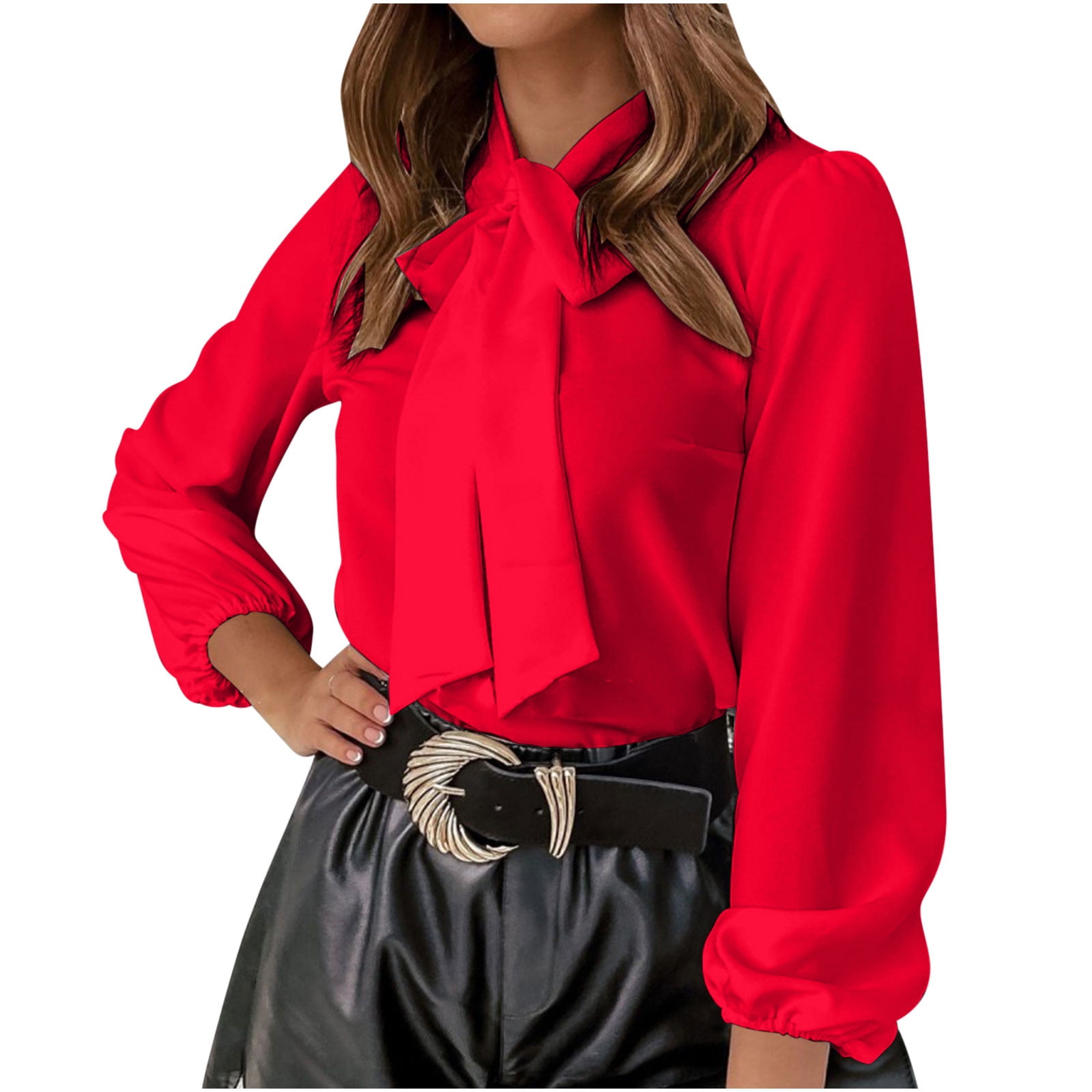 Diufon Womens Shirts Fall Casual Solid Color Breathable Blouses Lace-Up ...