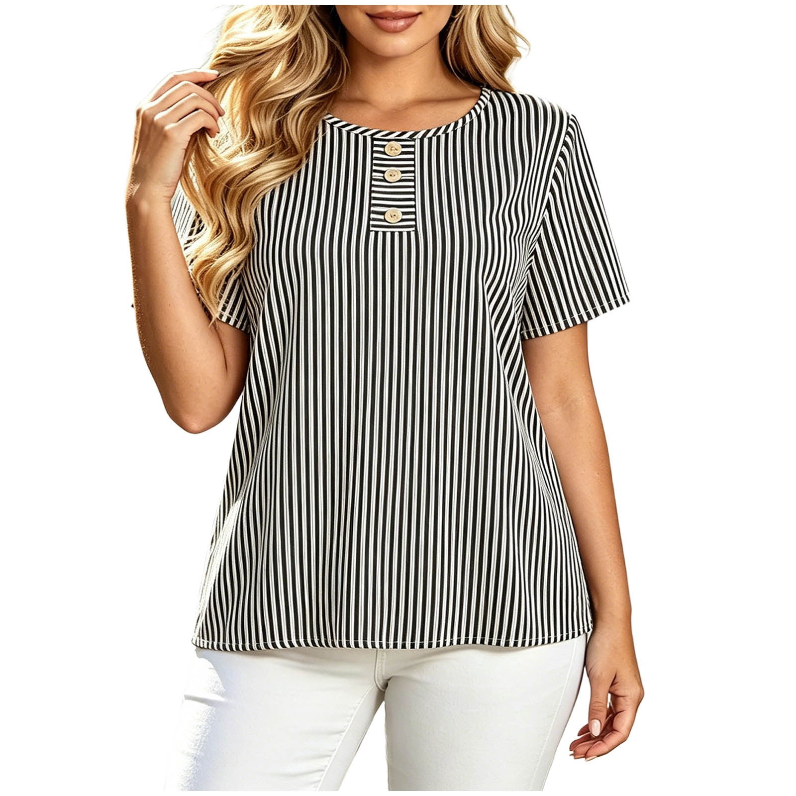 Diufon Womens Striped Tops Plus Size Short Sleeve Round Neck Button ...