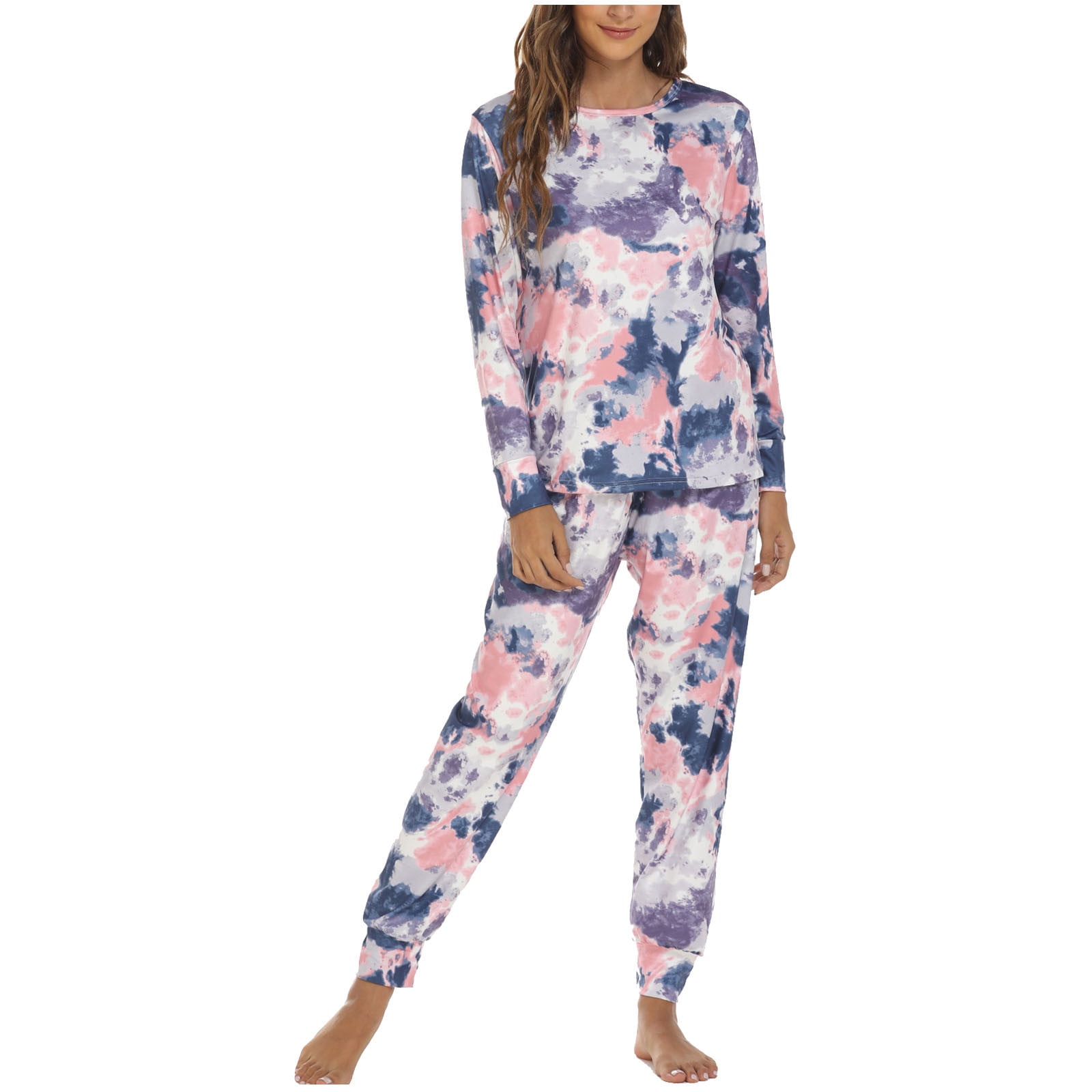 Diufon Womens Tie Dye Two Piece Pajamas Set Long Sleeve Sweatshirt with ...