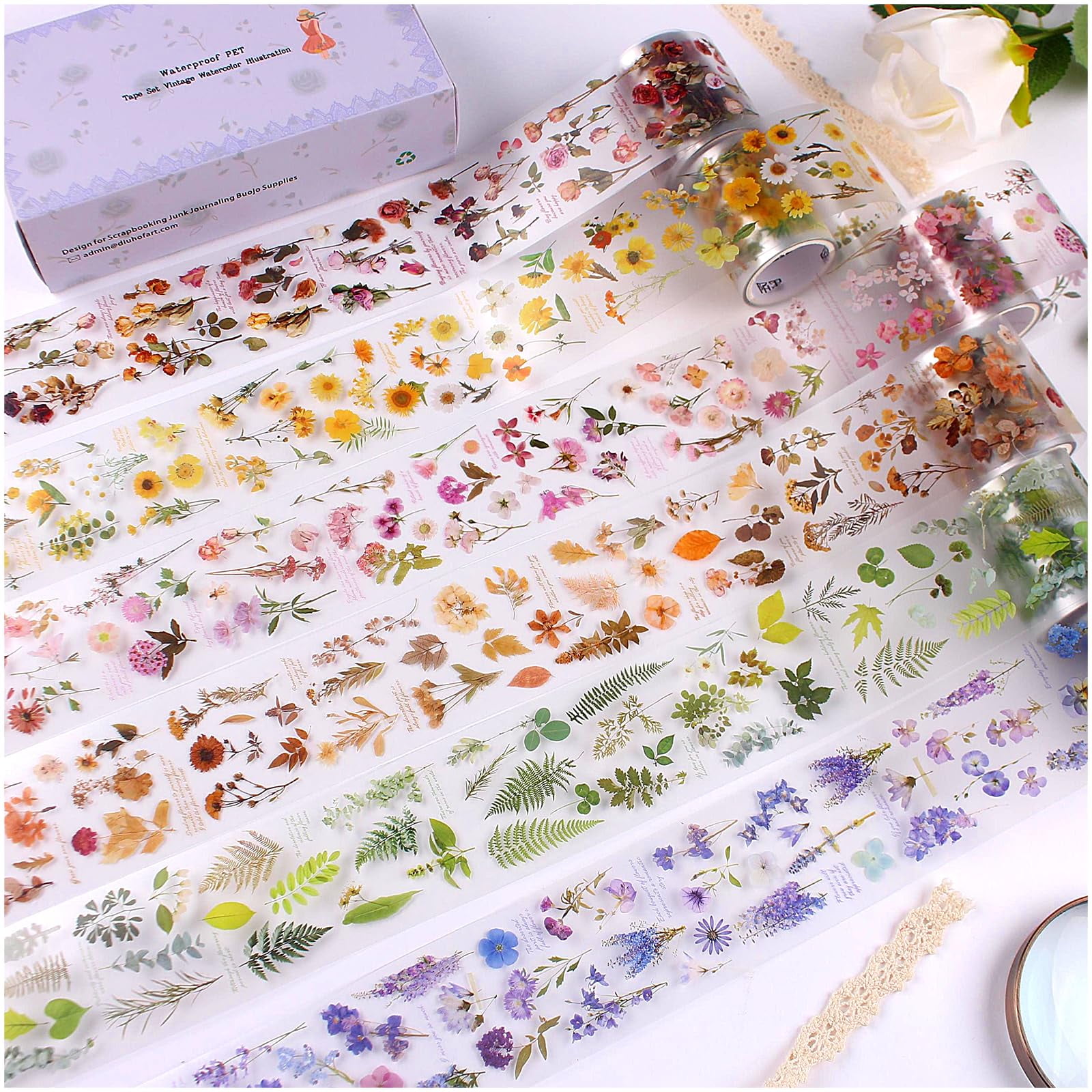 Diuhofart Pressed Flowers PET Tape Stickers for Journaling, 6 Rolls ...