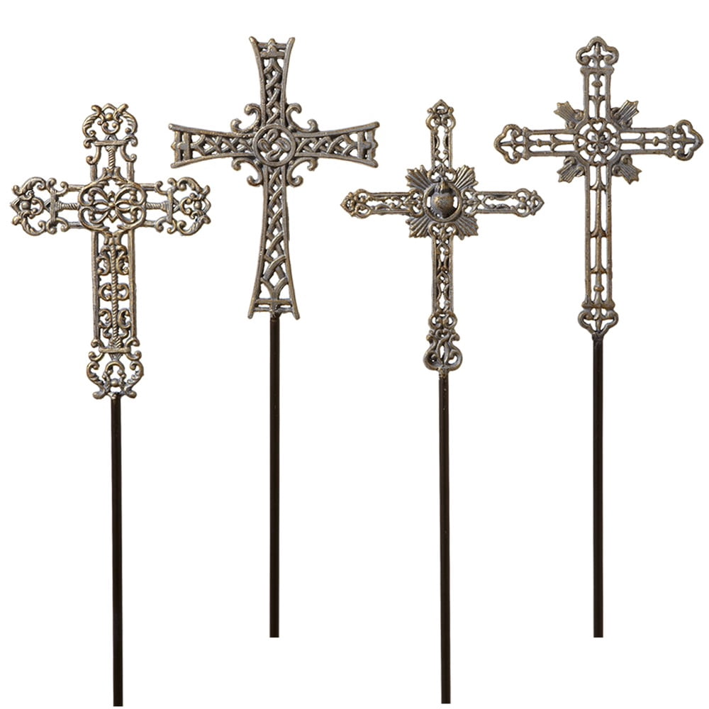 Diva At Home Set of 4 Outdoor Metal Decorative Gold Brush Cross Garden ...
