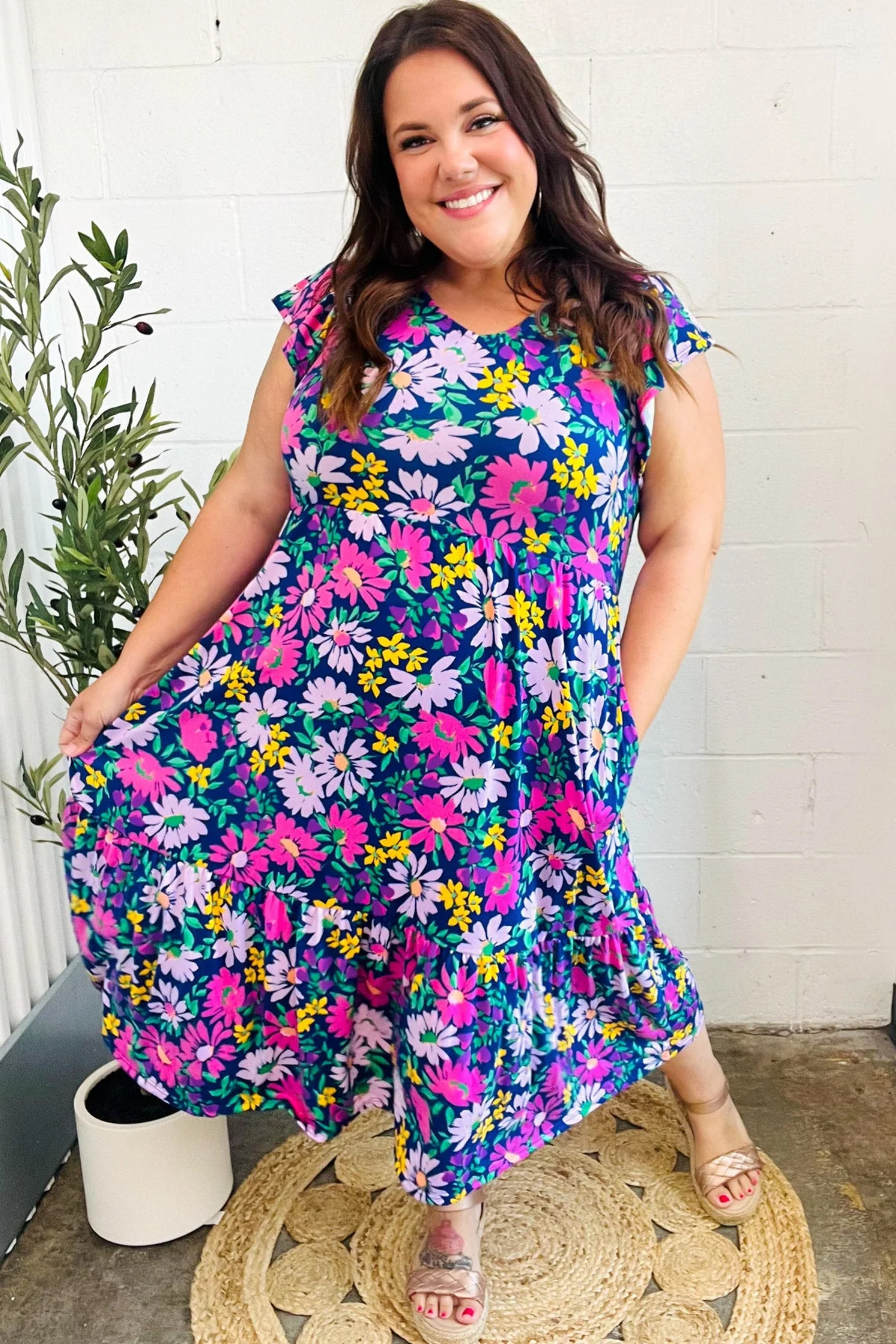Diva Dreams Navy Lilac Floral Fit Flare Midi Dress - Walmart.com