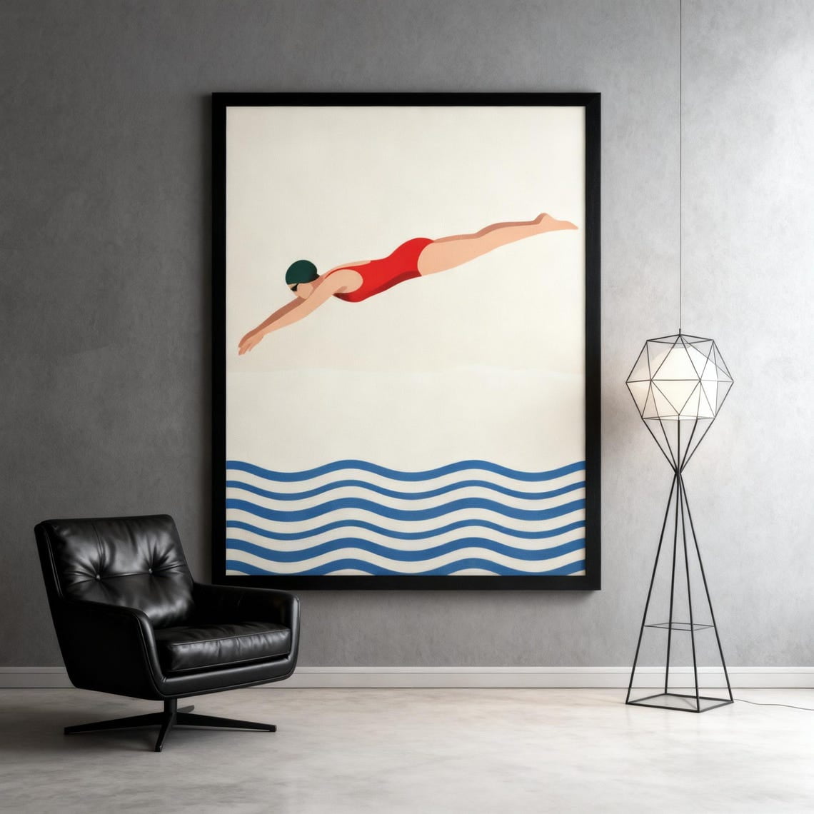Dive In Print, Minimalist Swimmer Art Print, Retro Nautical Wall Decor ...