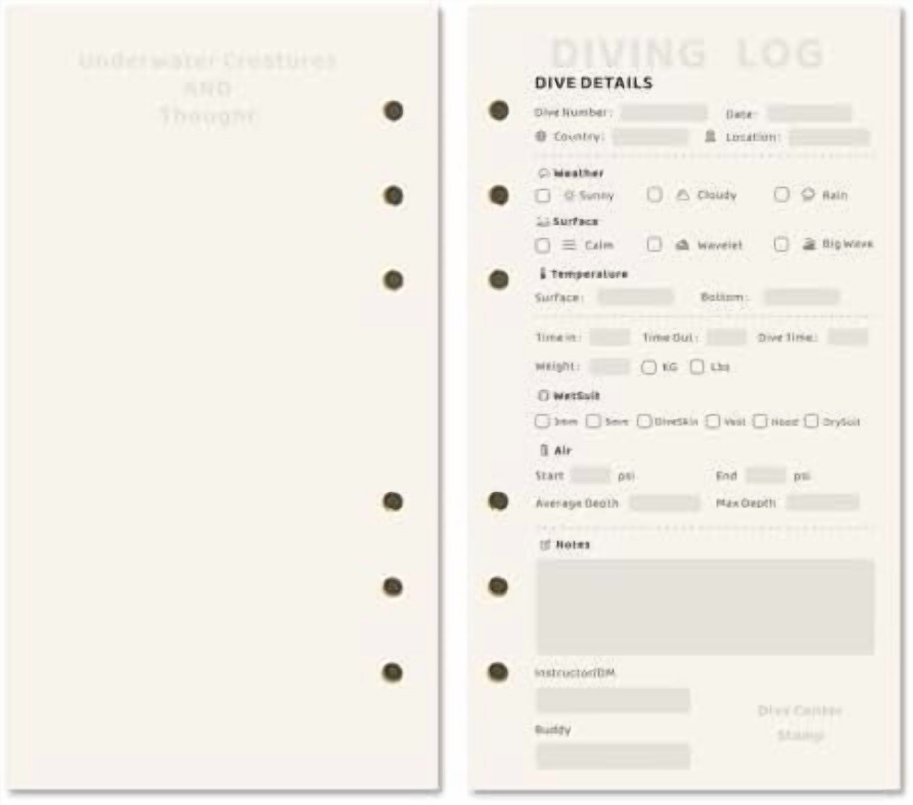 Dive Log Book Scuba Diving,A6 Size 50 Pages Refill Pages,Planner Binder ...