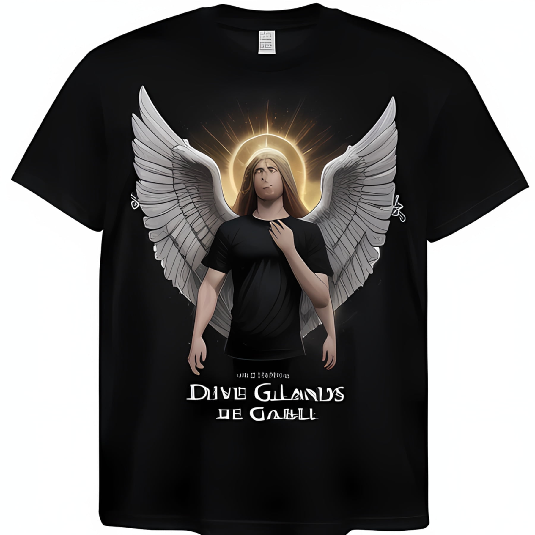 Dive into the with De Gal Style Angel Graphic on Black T-Shirt Golden Glow Spread Wings and More ...
