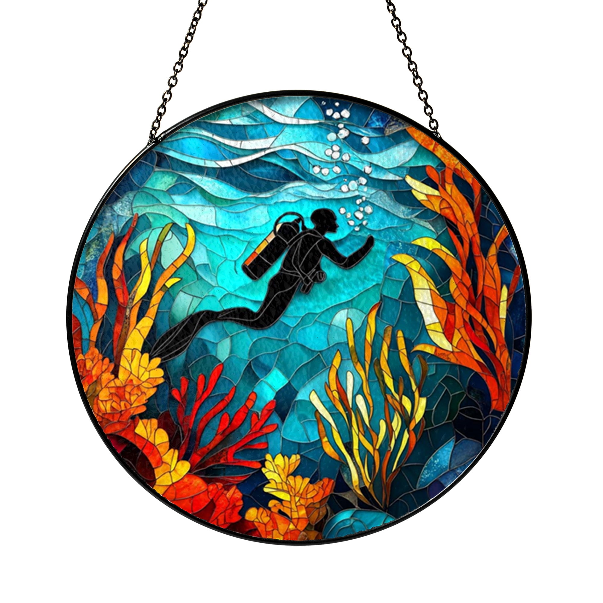 Diver Ocean Scene Stained Glass Style Suncatcher, Underwater Window ...