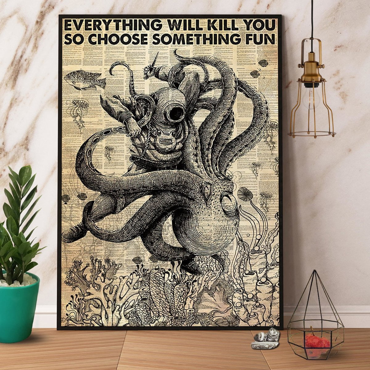 Diver & Octopus Sketch Choose Something Fun Vertical Paper Poster No ...