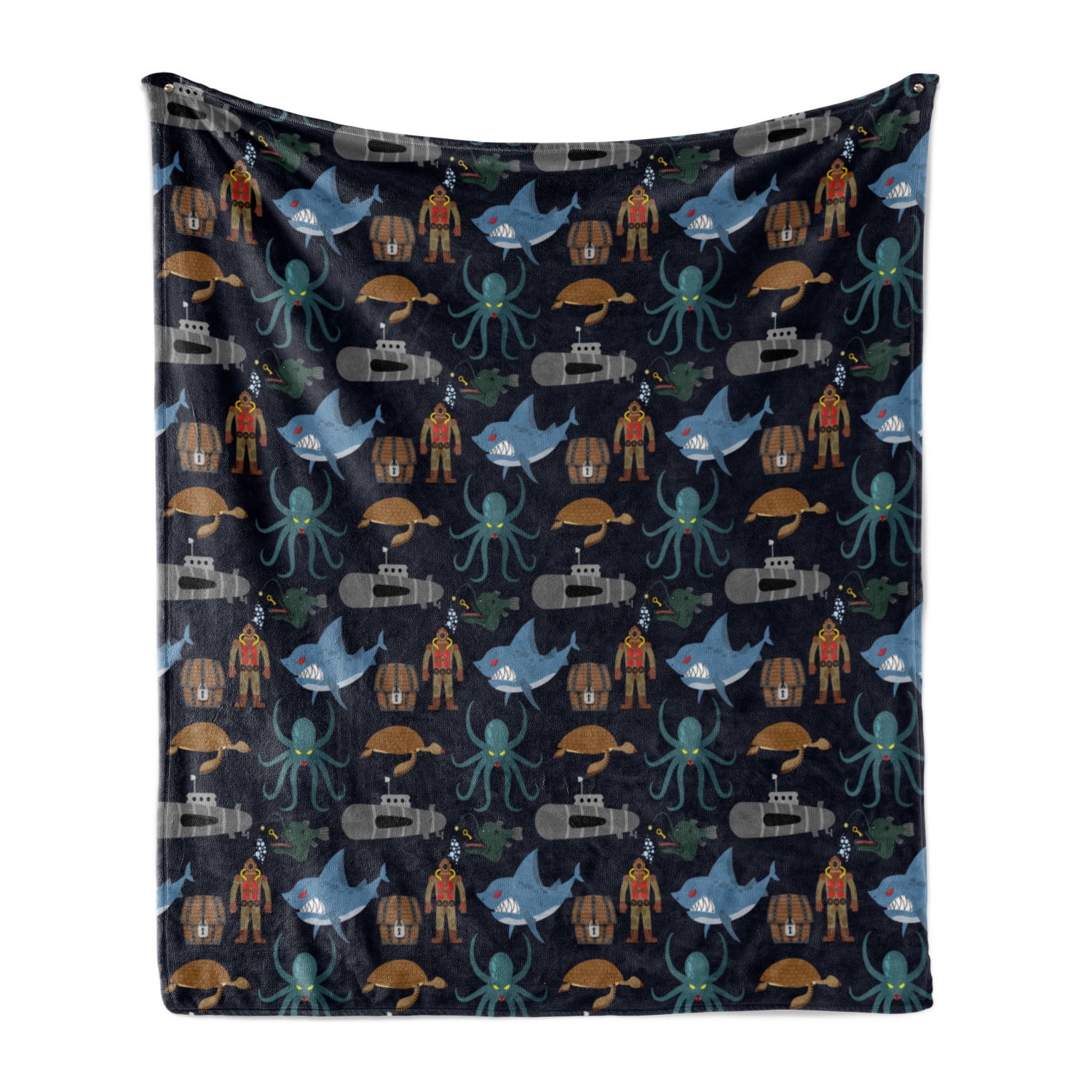 Diver Soft Flannel Fleece Blanket, Ocean Items Pattern Shark Sea Turtle ...