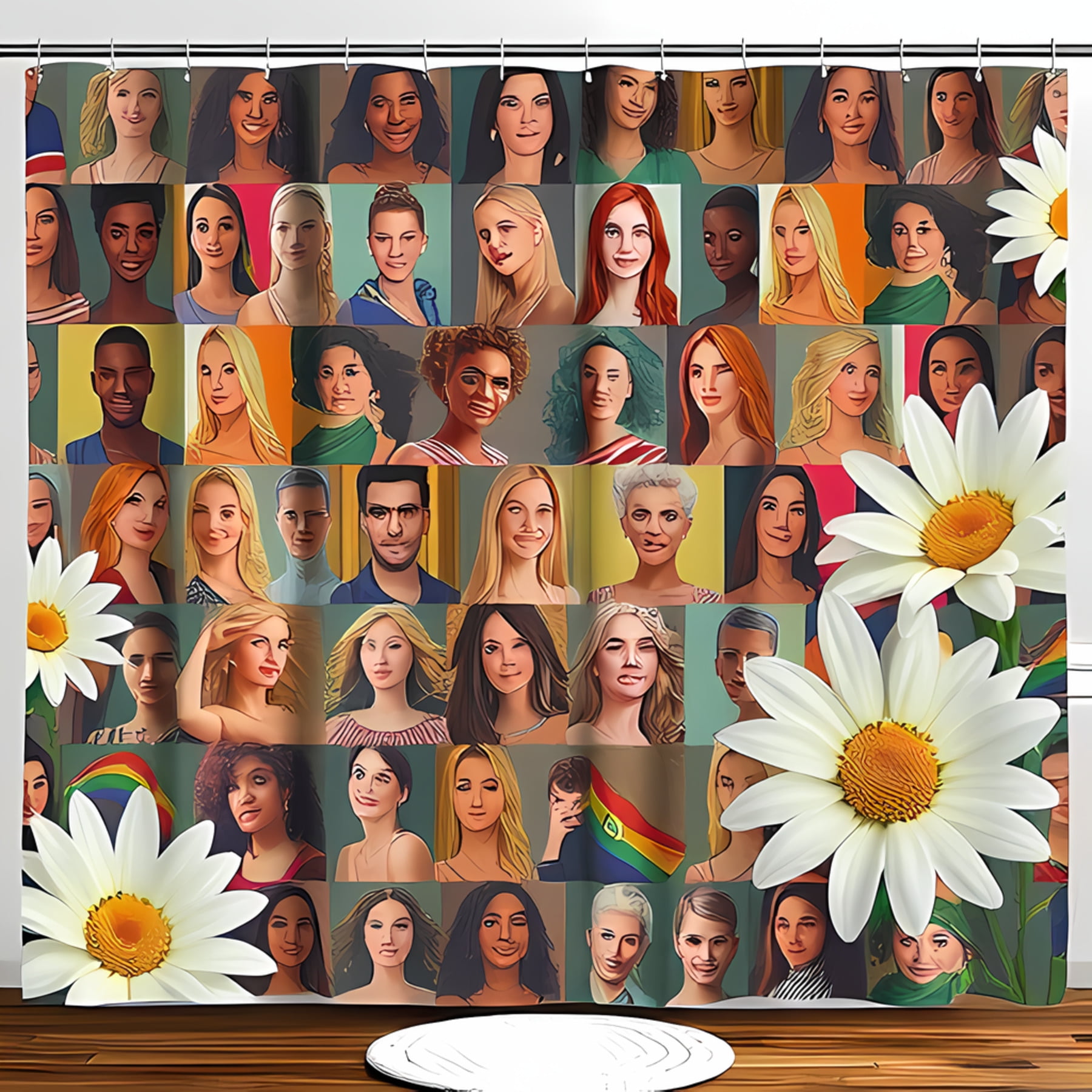 Diverse Female Faces Shower Curtain - Colorful Collage with Pastel ...
