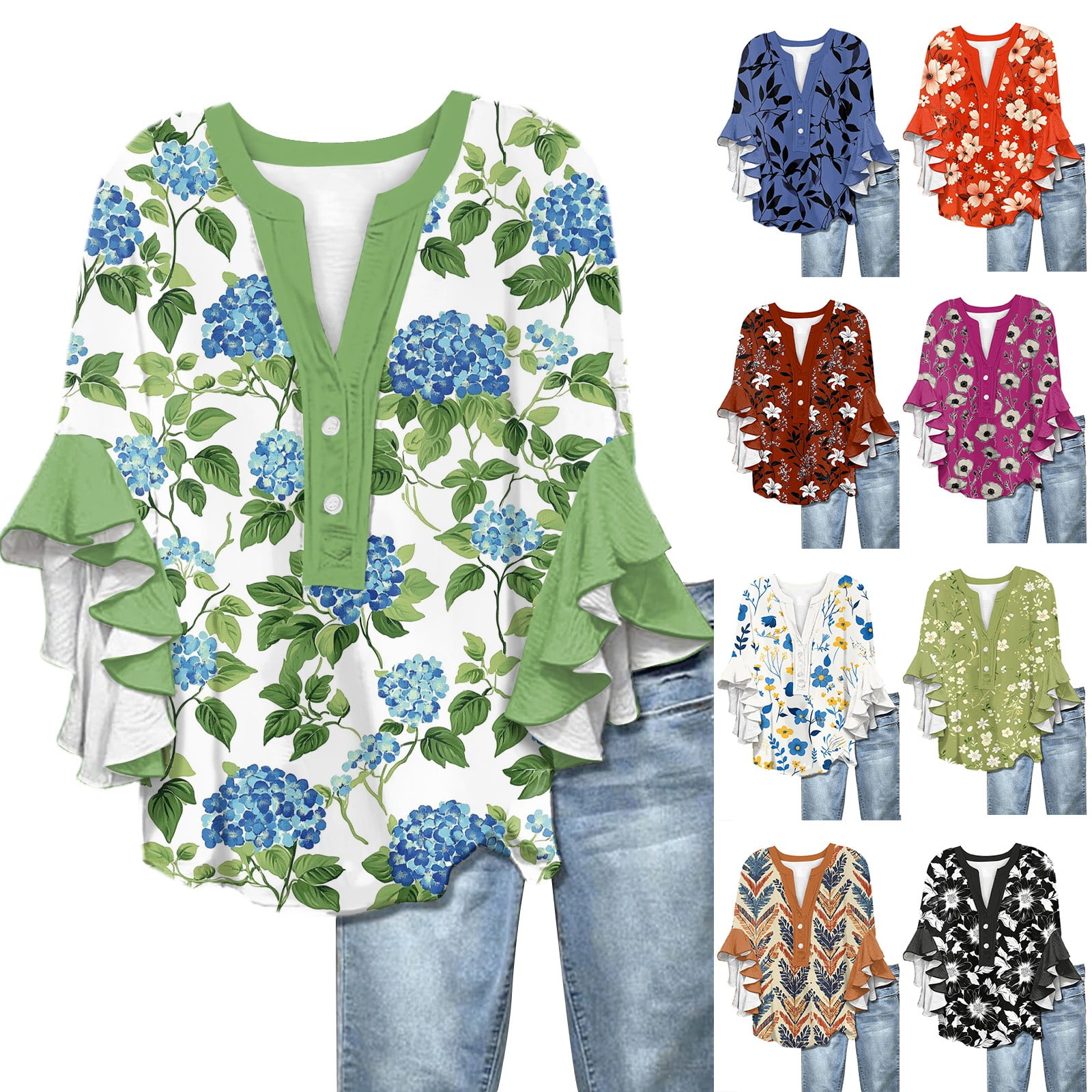 Divhosrg Floral Blouses for Women Trendy 3/4 Sleeve Shirts, Boho Tops ...