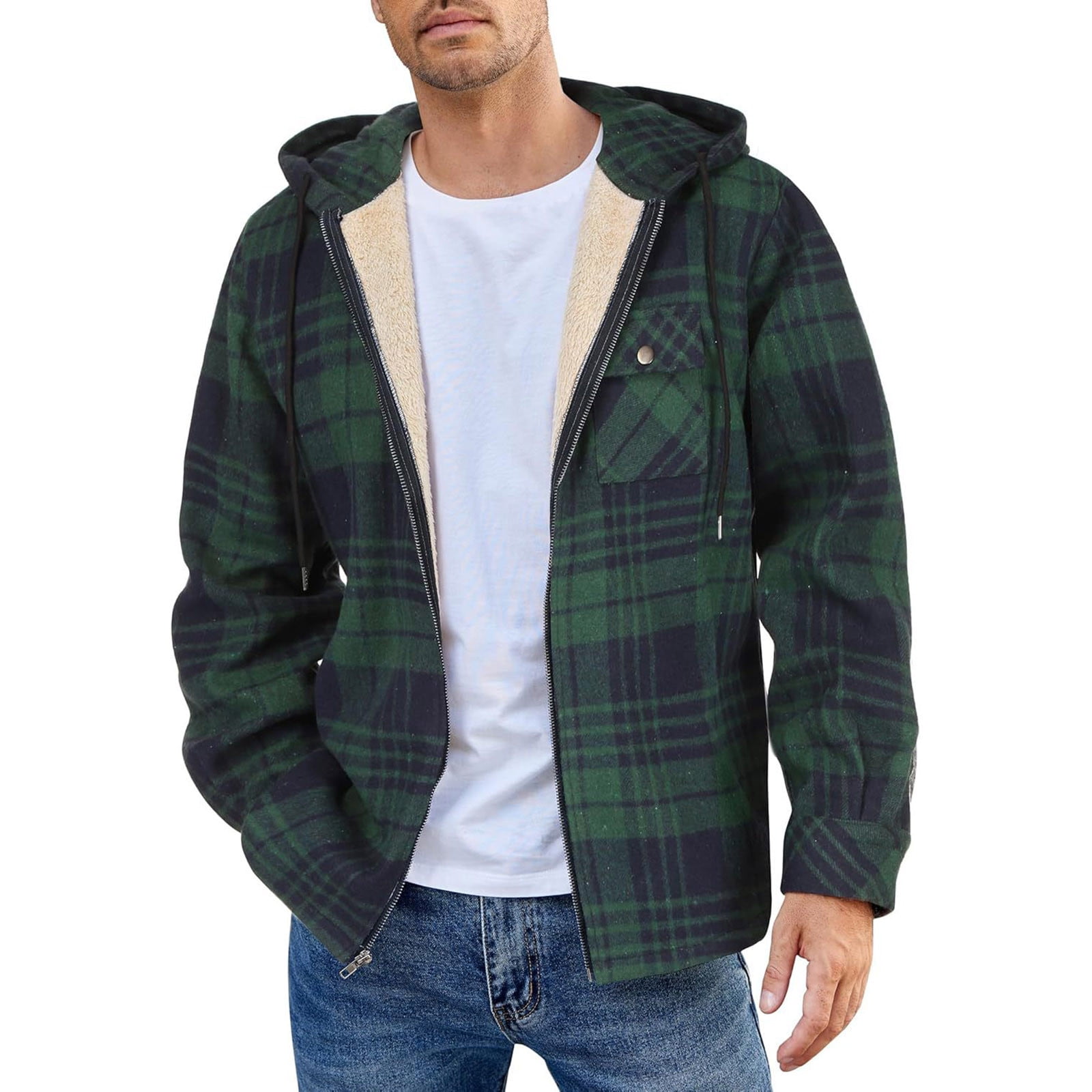 Divhosrg Men's Flannel Jacket Plaid Zip Up Hoodie Sherpa Fleece Lined ...