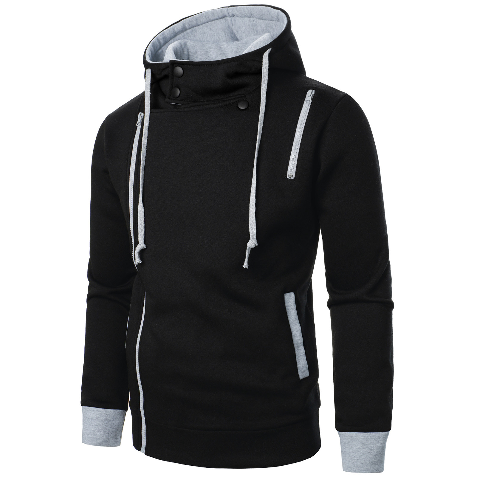 Divhosrg Men's Oblique Zipper Plus Lapel Hoodies Long Sleeve Hooded Drawstring Asymmetric ...