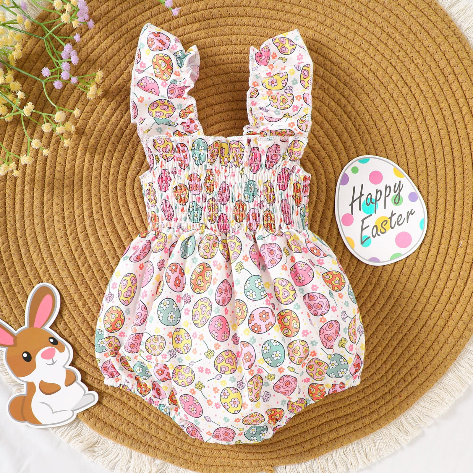 Divhosrg Newborn Baby Girls Easter Outfits Printted Ruffle Sleeve Pleated Smocked Bubble One ...