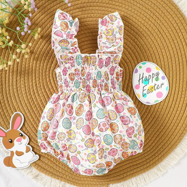 Divhosrg Newborn Baby Girls Easter Outfits Printted Ruffle Sleeve Pleated Smocked Bubble One ...