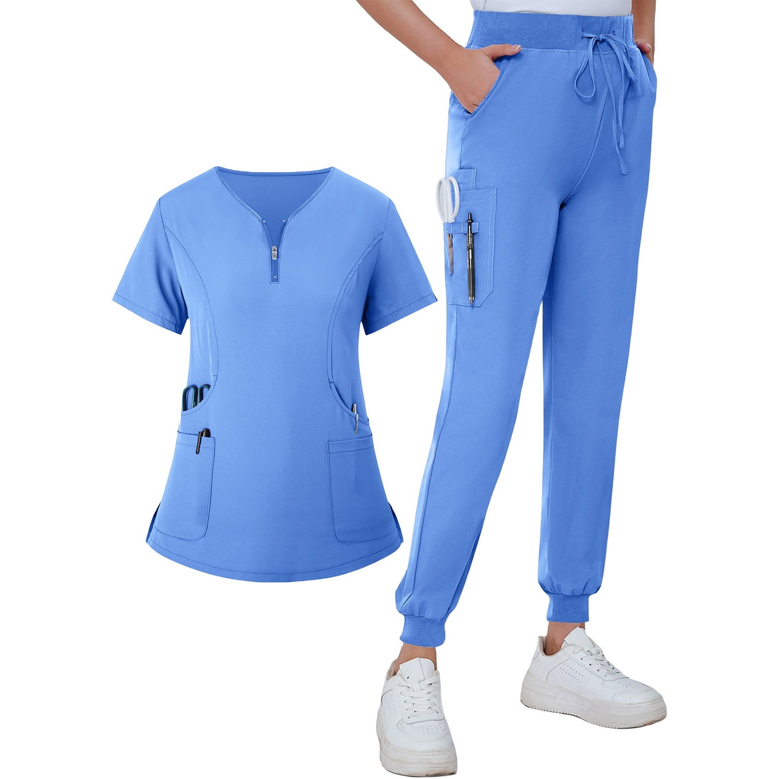 Divhosrg Scrubs for Women Tops Solid Color Oversized V-Neck Short ...