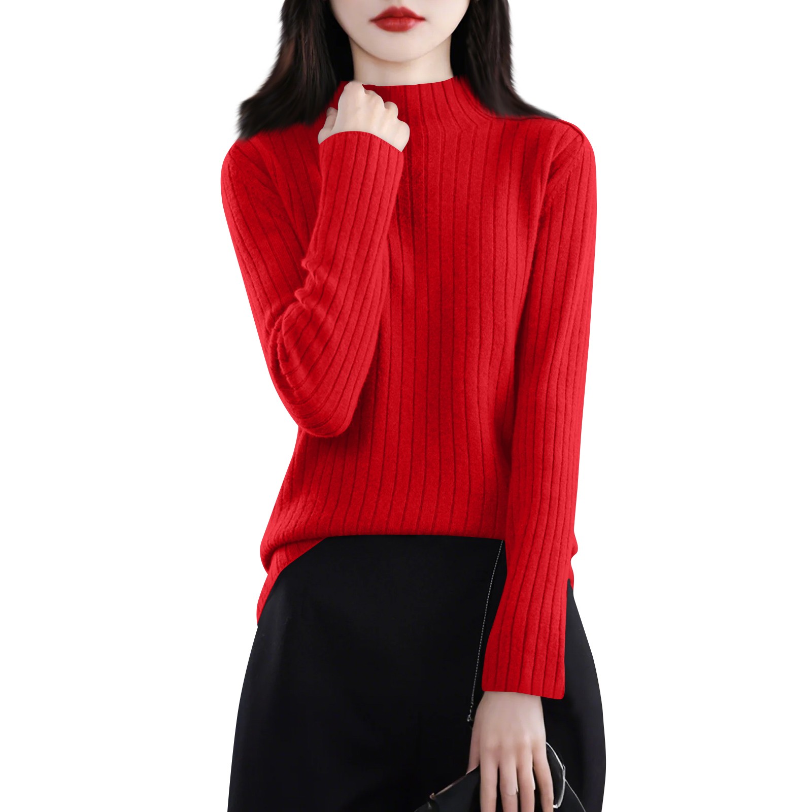 Divhosrg Sweaters for Women Lightweight Soft Wool Mock Neck Pullovers Long Sleeve Red S ...