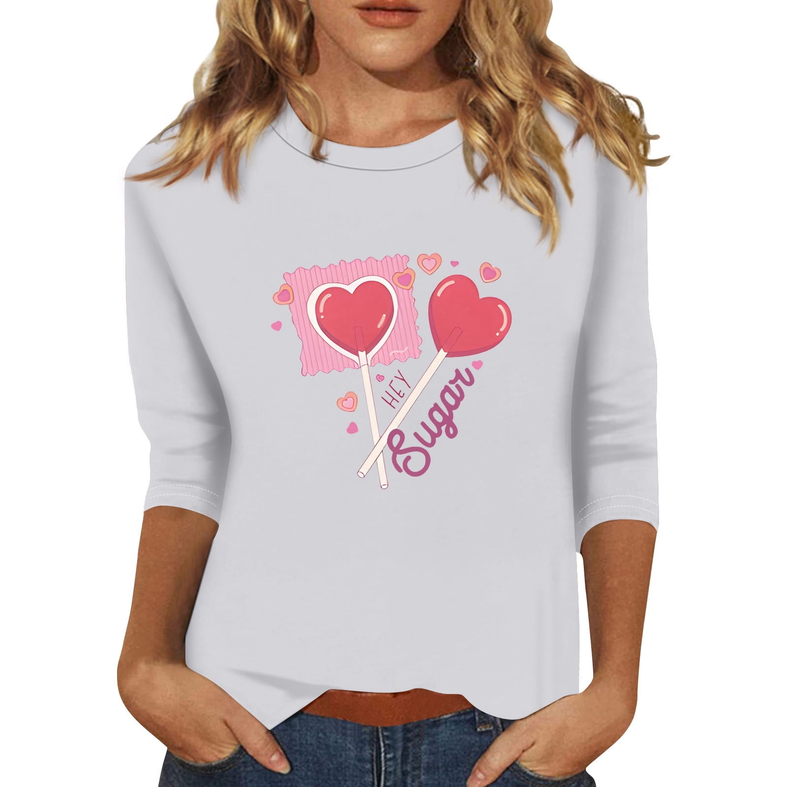 Divhosrg Valentines Day Shirts for Women 3/4 Length Sleeve Shirts Lovely Heart Print Crew Neck T ...