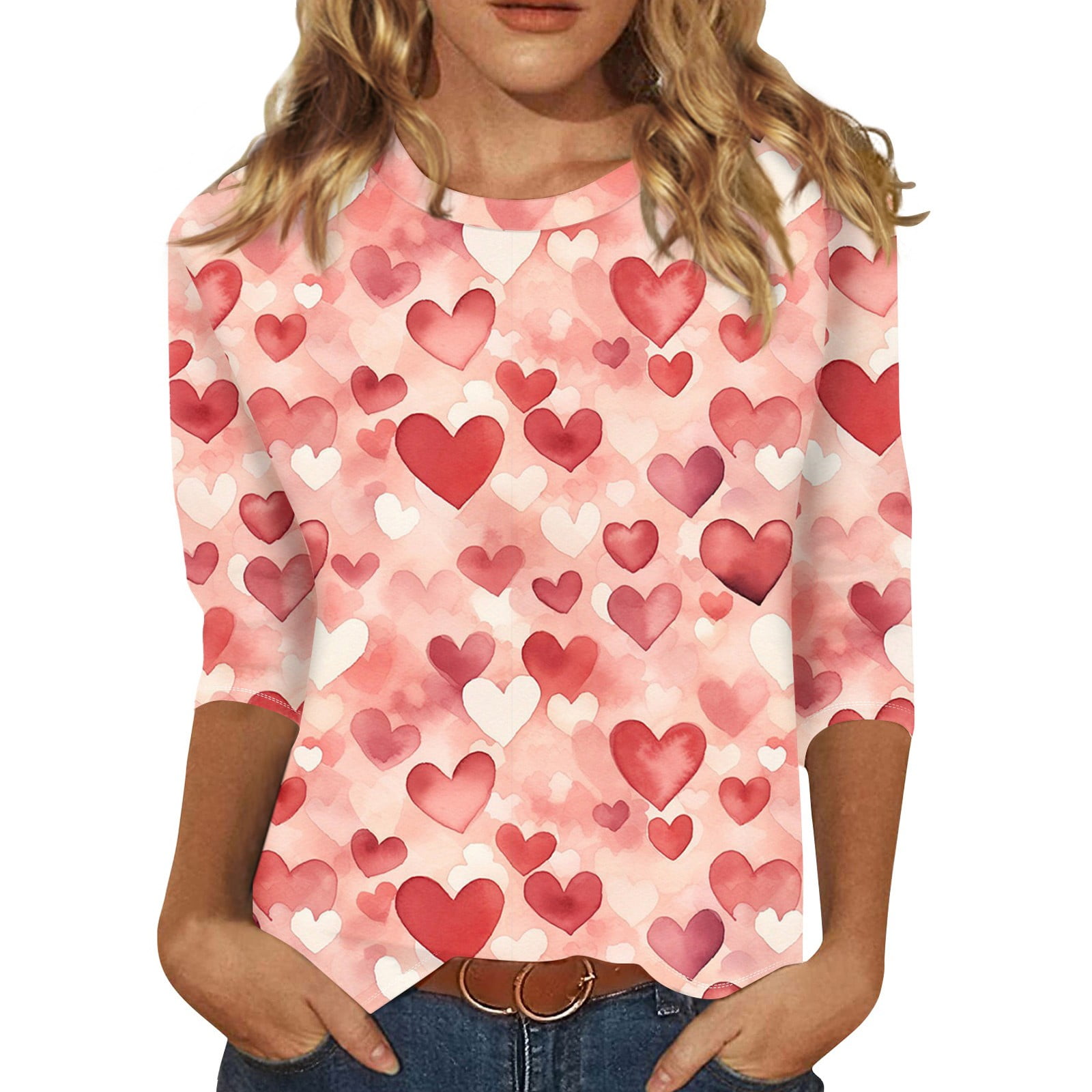 Divhosrg Valentines Day Tops Women 3/4 Sleeve Round Neck Basic Women Cute Heart Print Plus Size ...