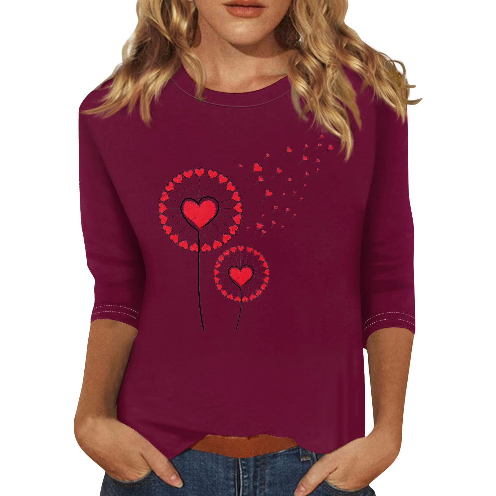 Divhosrg Valentines Day Tops Women Three Quarter Sleeve Crew Neck Basic Women Cute Heart Print ...