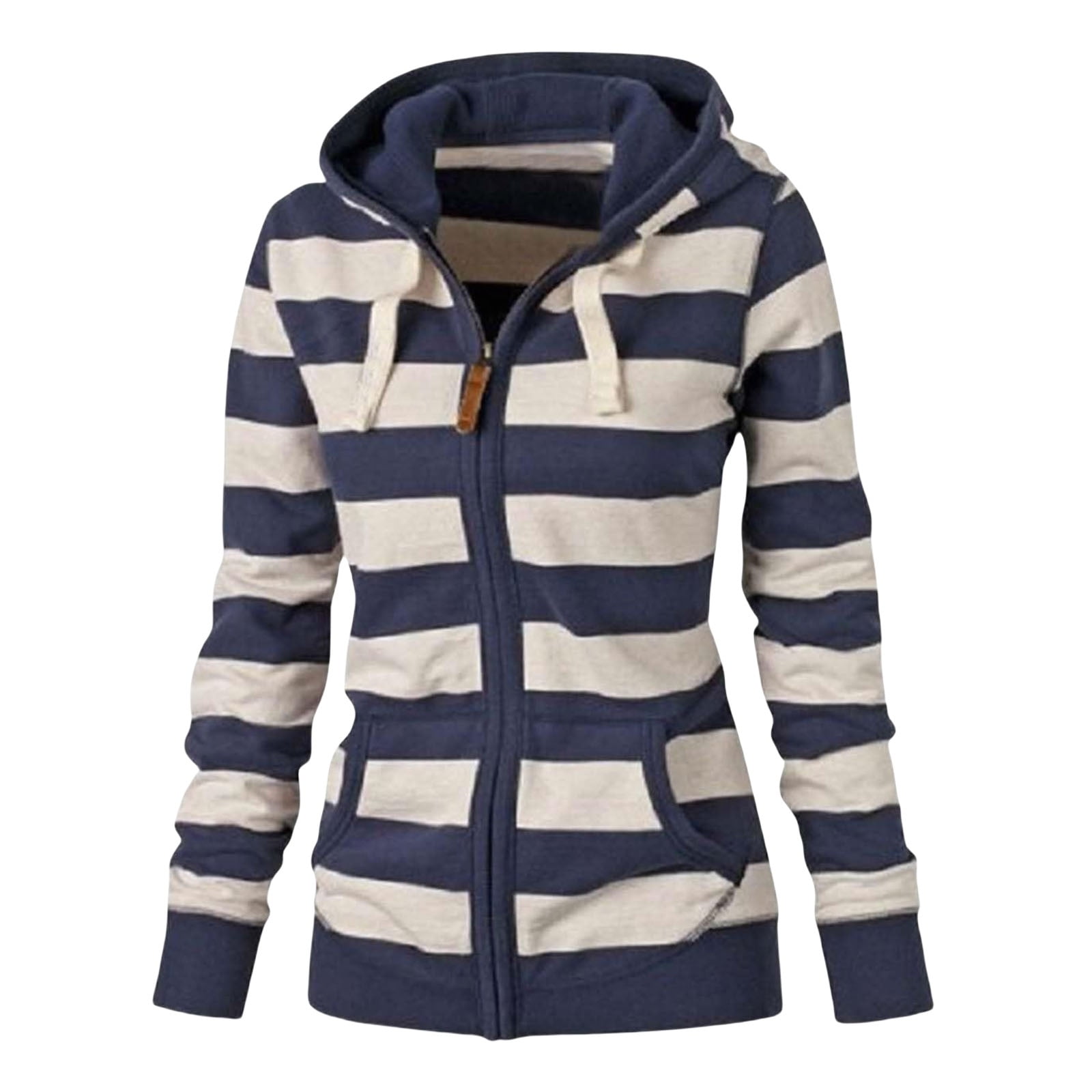 Divhosrg Women Plain Zipper Spring Hoodie Striped Hooded Jacket Navy L ...