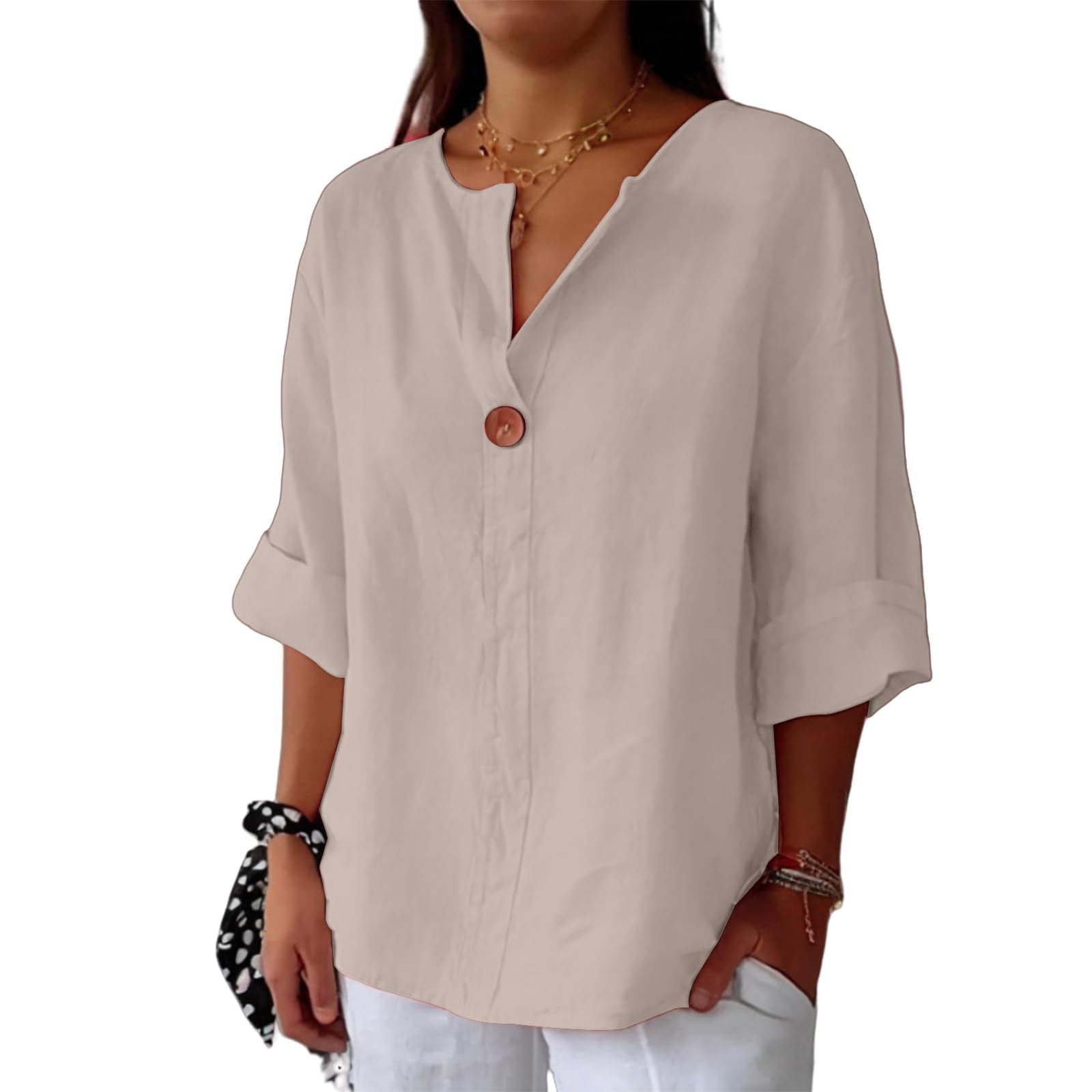 Divhosrg Women's Linen Shirts for Summer, Women Button Down Shirt 3/4 Length Sleeve, Womens ...