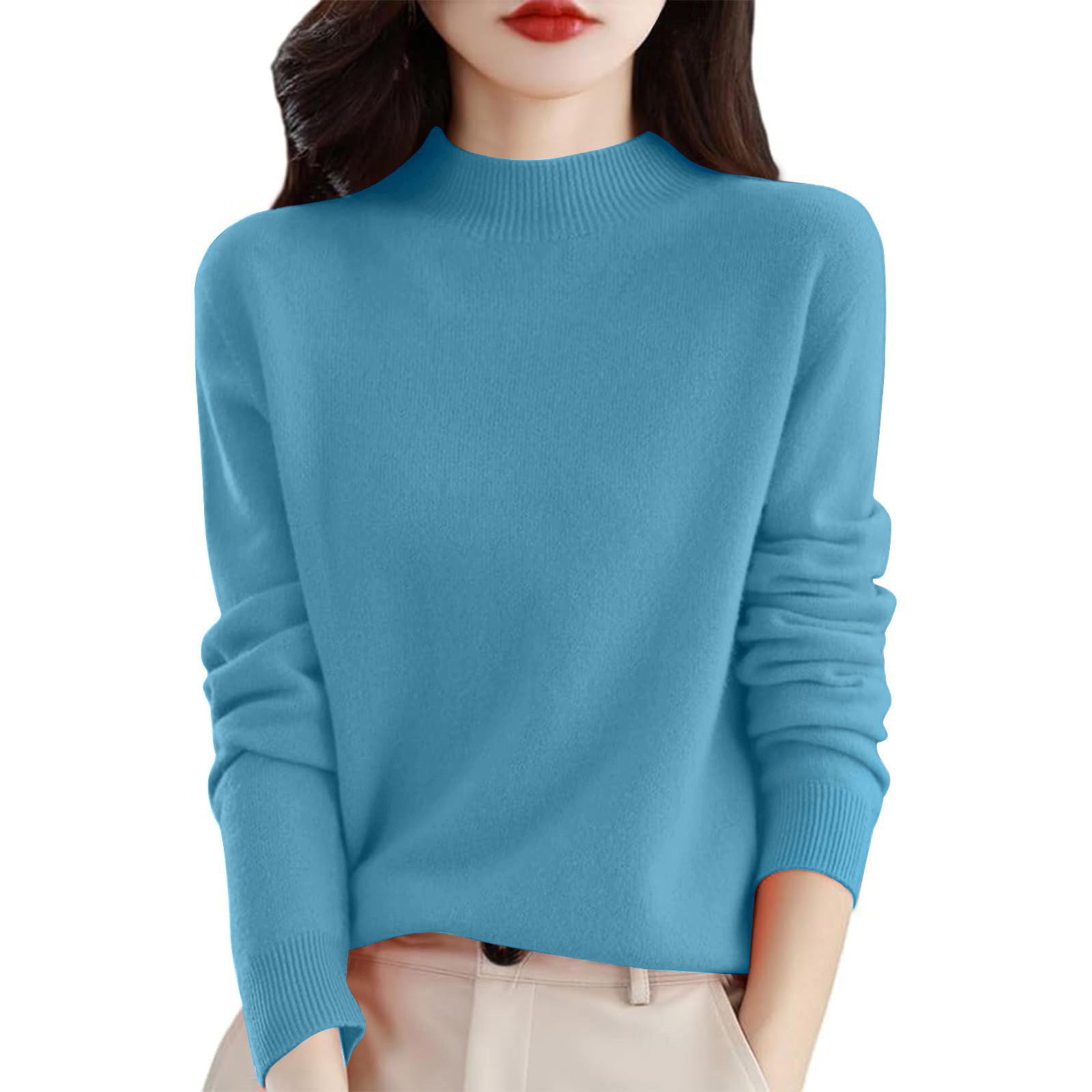 Divhosrg Women's Pullover Mock Neck Wool Casual Knit Tops Autumn Winter ...