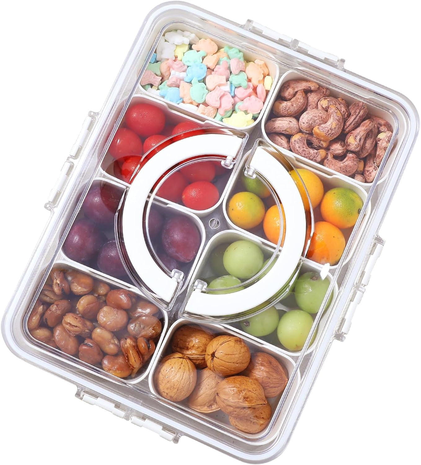 Divided Clear Snackle Box with Lid and Handle Food Serving Tray Fruit & Veggie Container with 8 ...