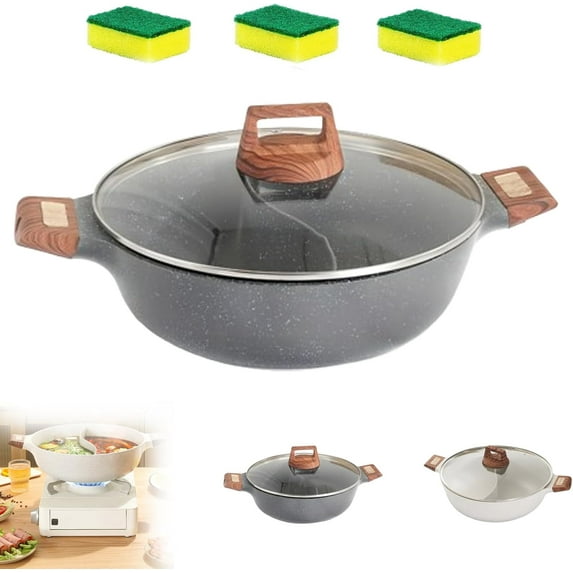 Divided Cooking Pan, Two Sided Pan with Glass Lid, For Induction Gas ...