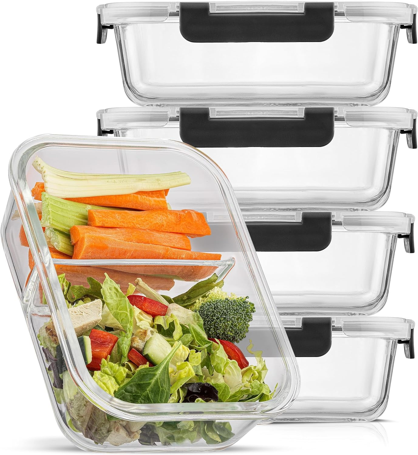 Divided Food Storage Containers with Lids Airtight. 5 Pack Glass Meal ...