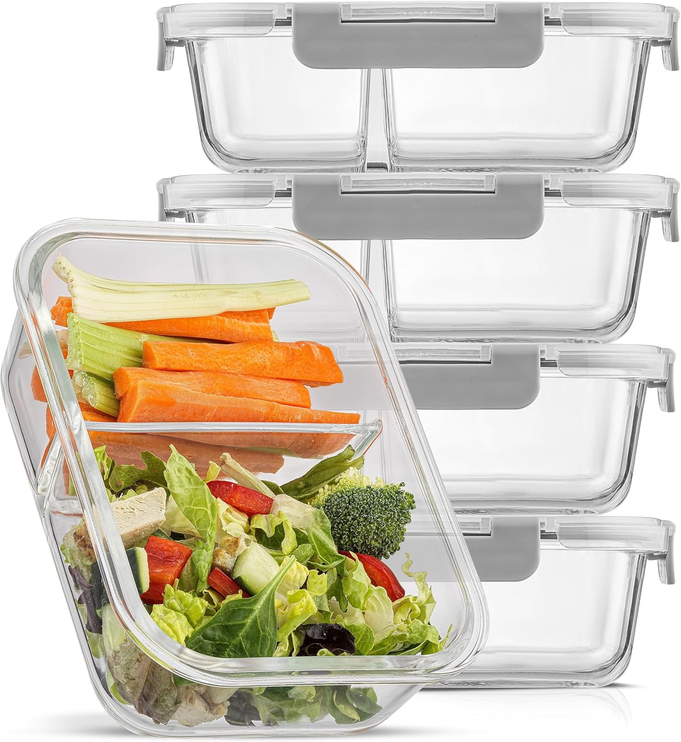 Divided Food Storage Containers with Lids Airtight. 5 Pack Glass Meal ...