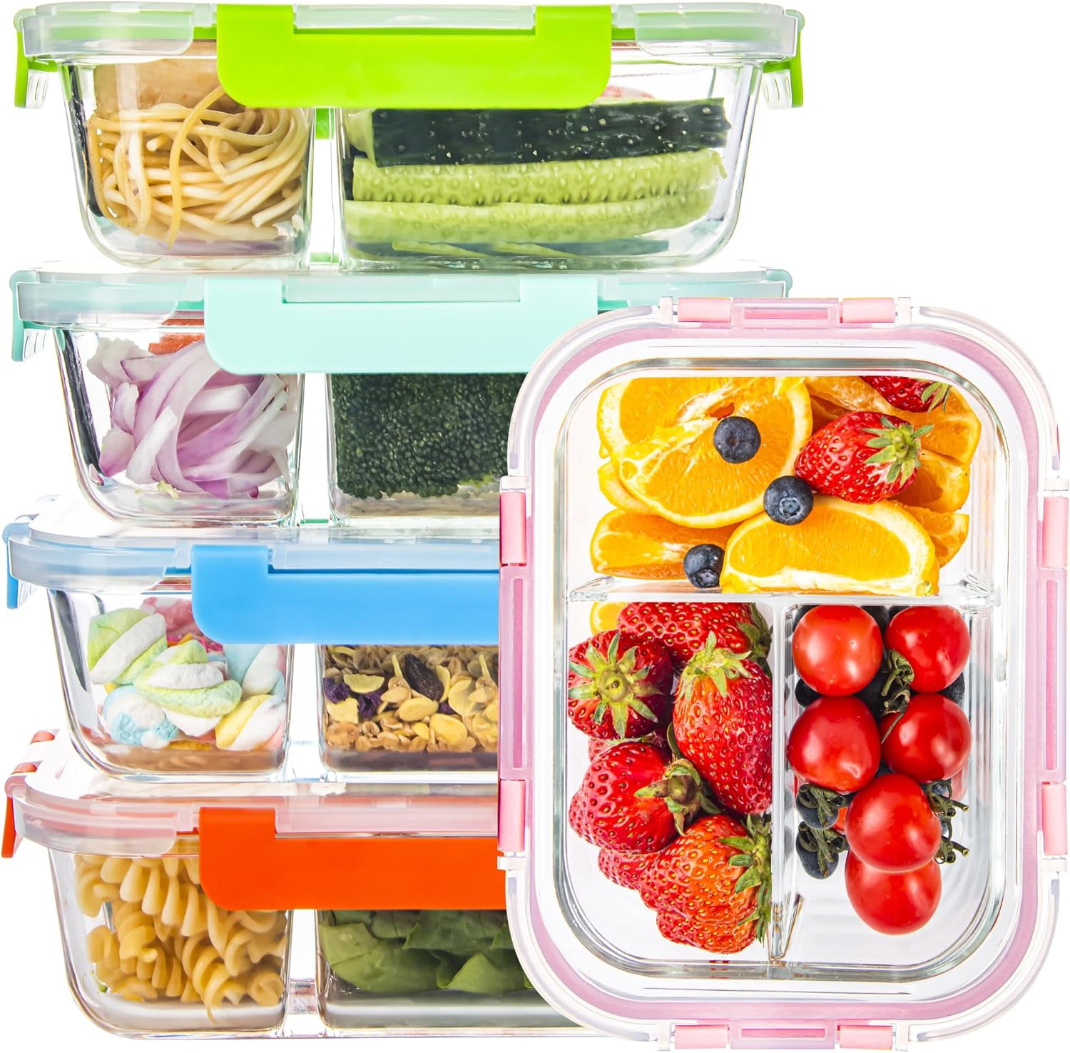 Divided Glass Storage Containers with Silicone Sleeve for Lunch, Glass ...