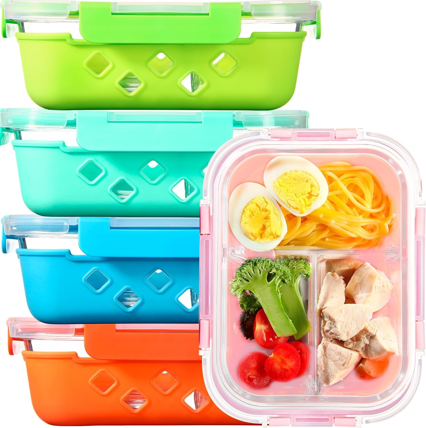Glass Food Storage Containers 3 Compartment with Lids (5 Pack, 34oz ...