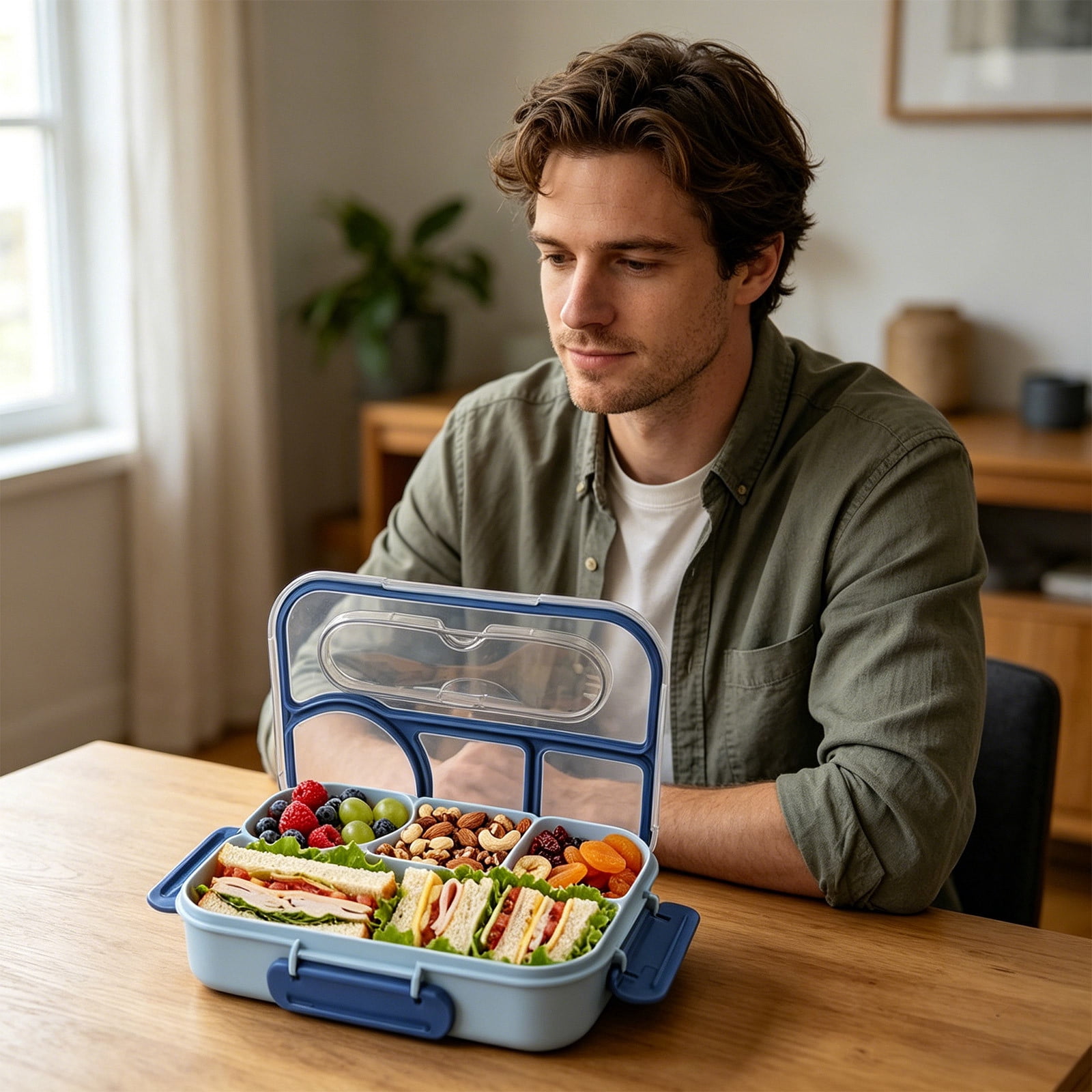 Divided Lunch Box 3-In-1 Compartment Microwave Safe Leak-Proof ...