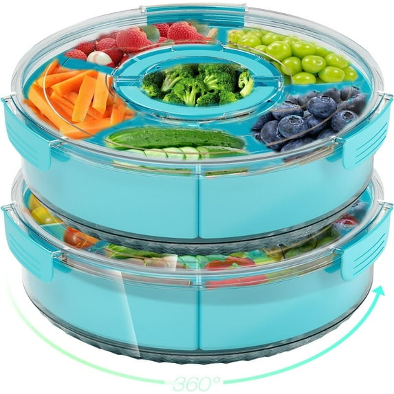 Divided Rotating Serving Tray with Lid and Handle Portable Snackle Box ...