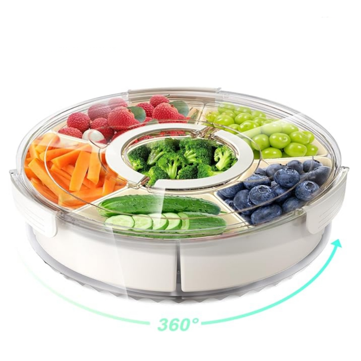 Divided Rotating Serving Tray with Lid and Handle, Portable Snackle Box ...