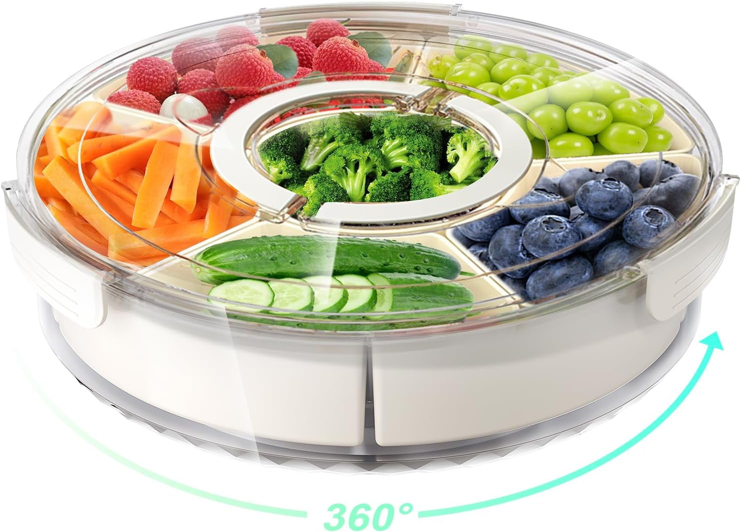 Divided Rotating Serving Tray with Lid and Handle, Portable Snackle Box ...