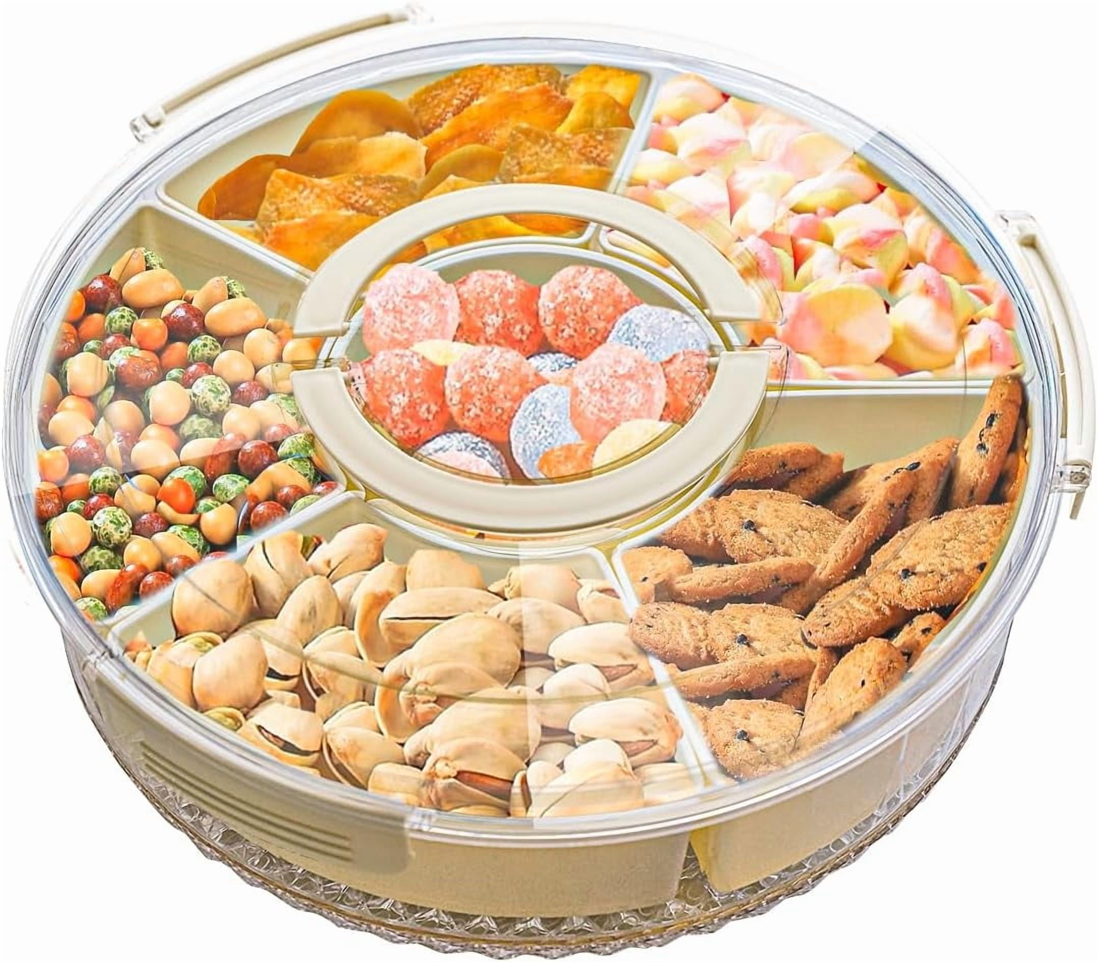 Divided Rotating Serving Tray with Lid & Handle, Portable Snack Spinner ...