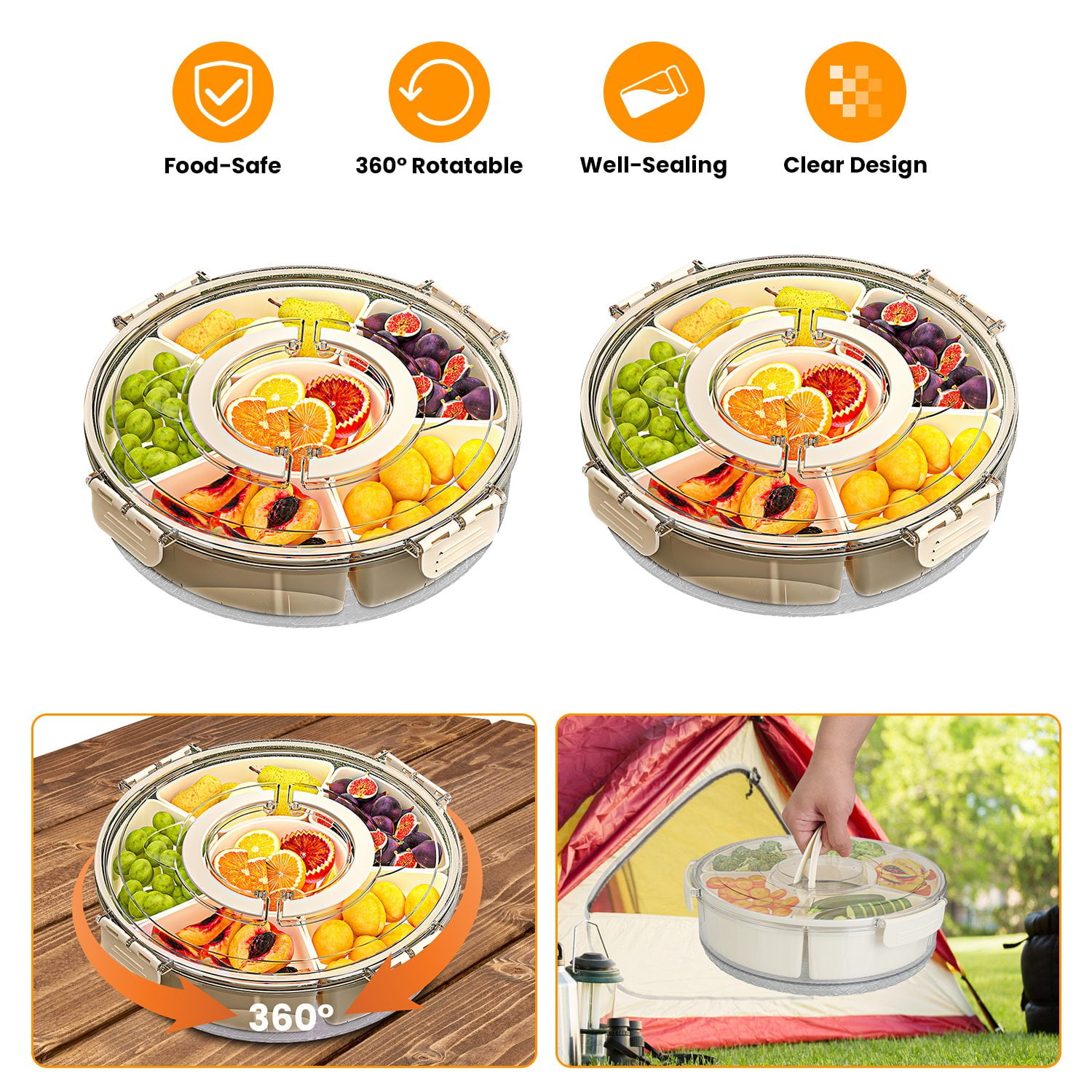 Divided Serving Tray with Lid and Handle 360° Rotatable Snack Container ...