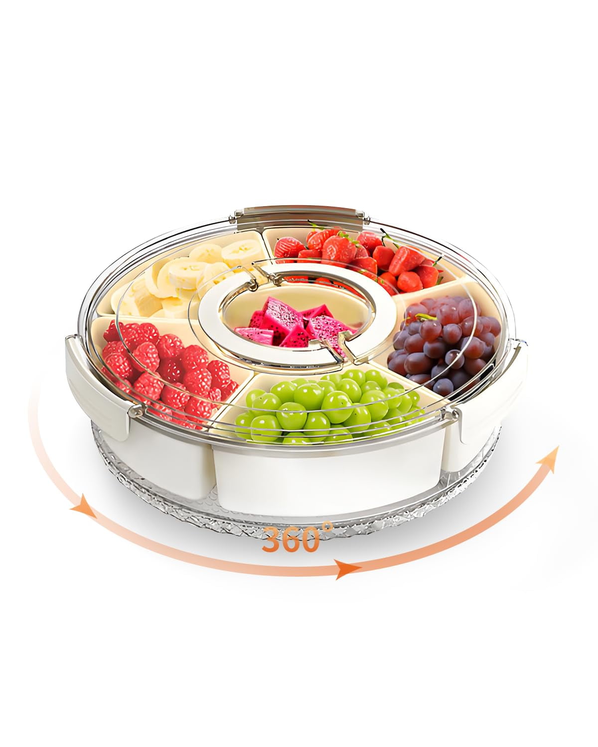 Divided Serving Tray with Lid and Handle, Rotatable Veggie Tray Fruits ...