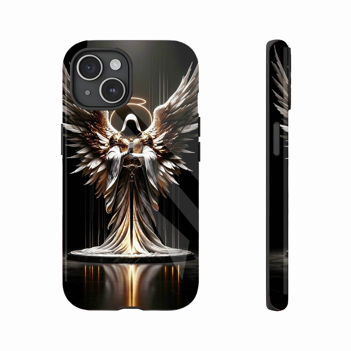 Divine Angel Wings iPhone Case with Golden Halo Sword Design – Luxury ...