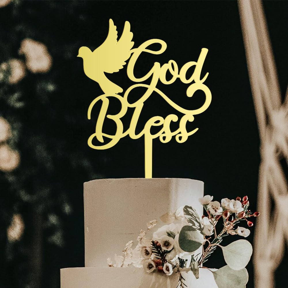 Divine Celebrations: God Bless Gold Acrylic Cake Topper with Dove ...
