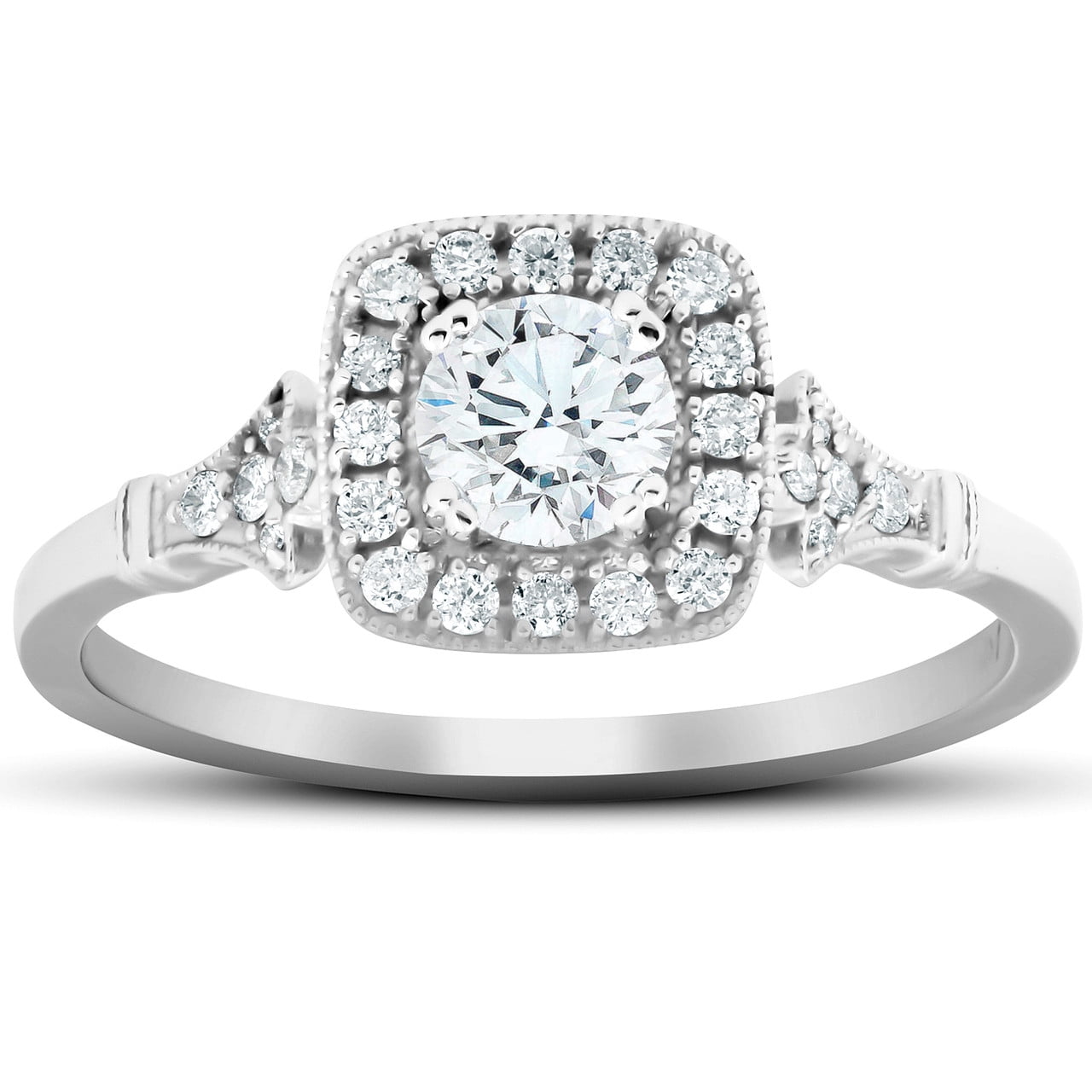 Divine Jewelry Halo Solitaire with Accent Engagement Rings - 14K White Gold Plated Moissanite ...