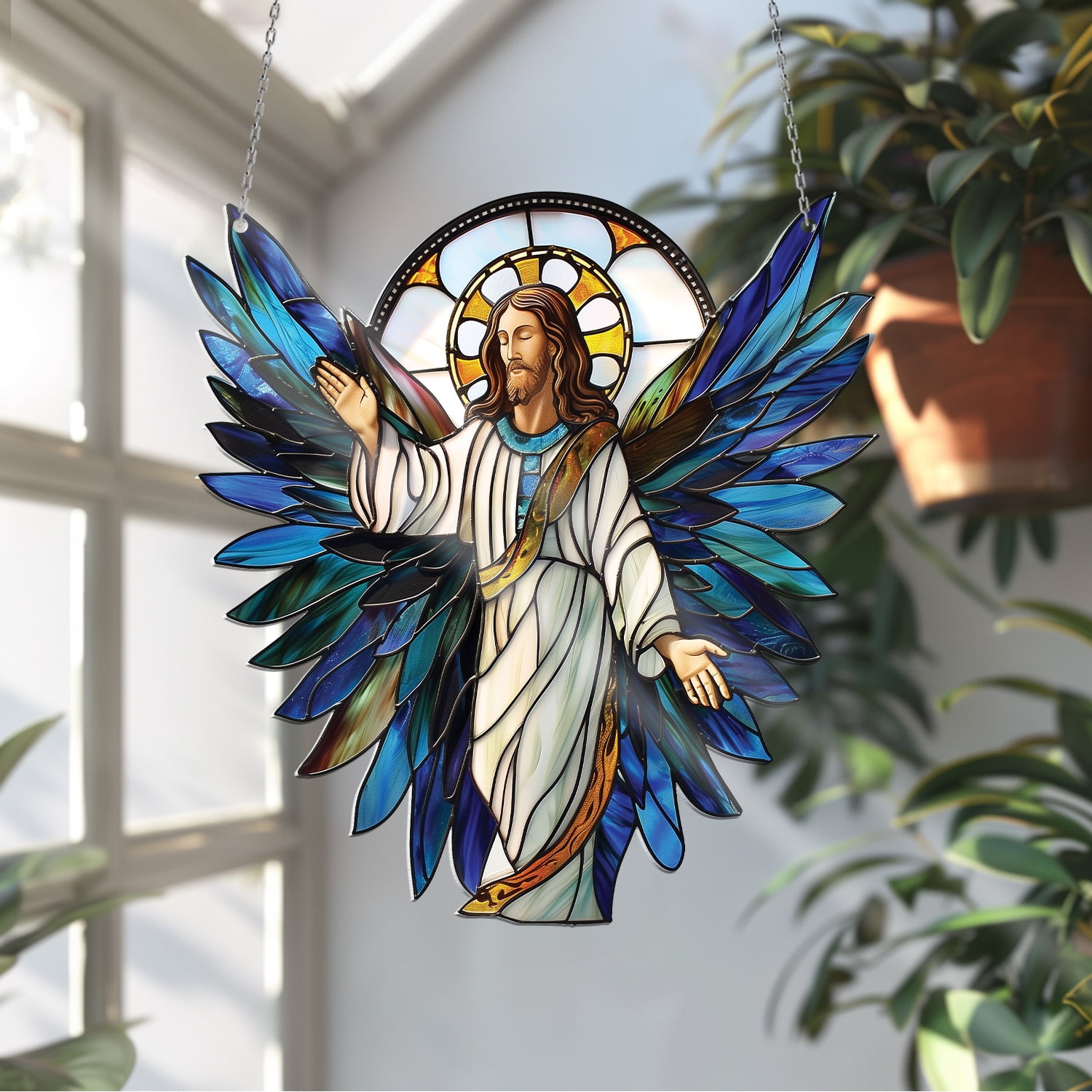 Divine Messenger: Stained Glass Style Acrylic Decor of Jesus with Wings ...