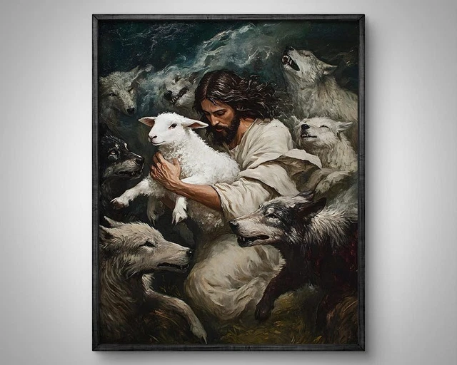 Divine Protection Painting, Jesus Saves The Lamb From Wolves, Christian ...