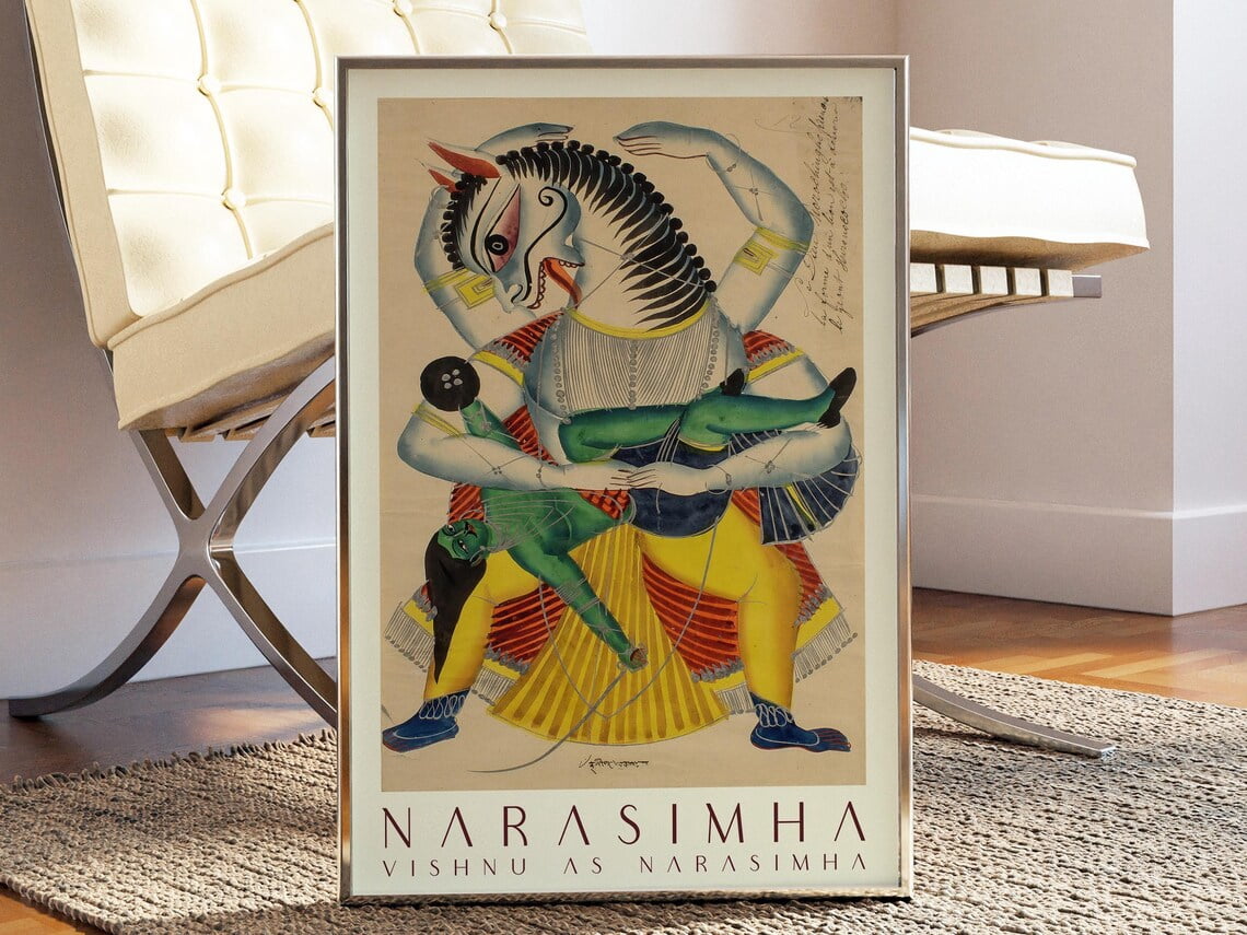 Divine Protector: Vishnu As Narasimha, Yoga Wall Art, Kalighat Style ...