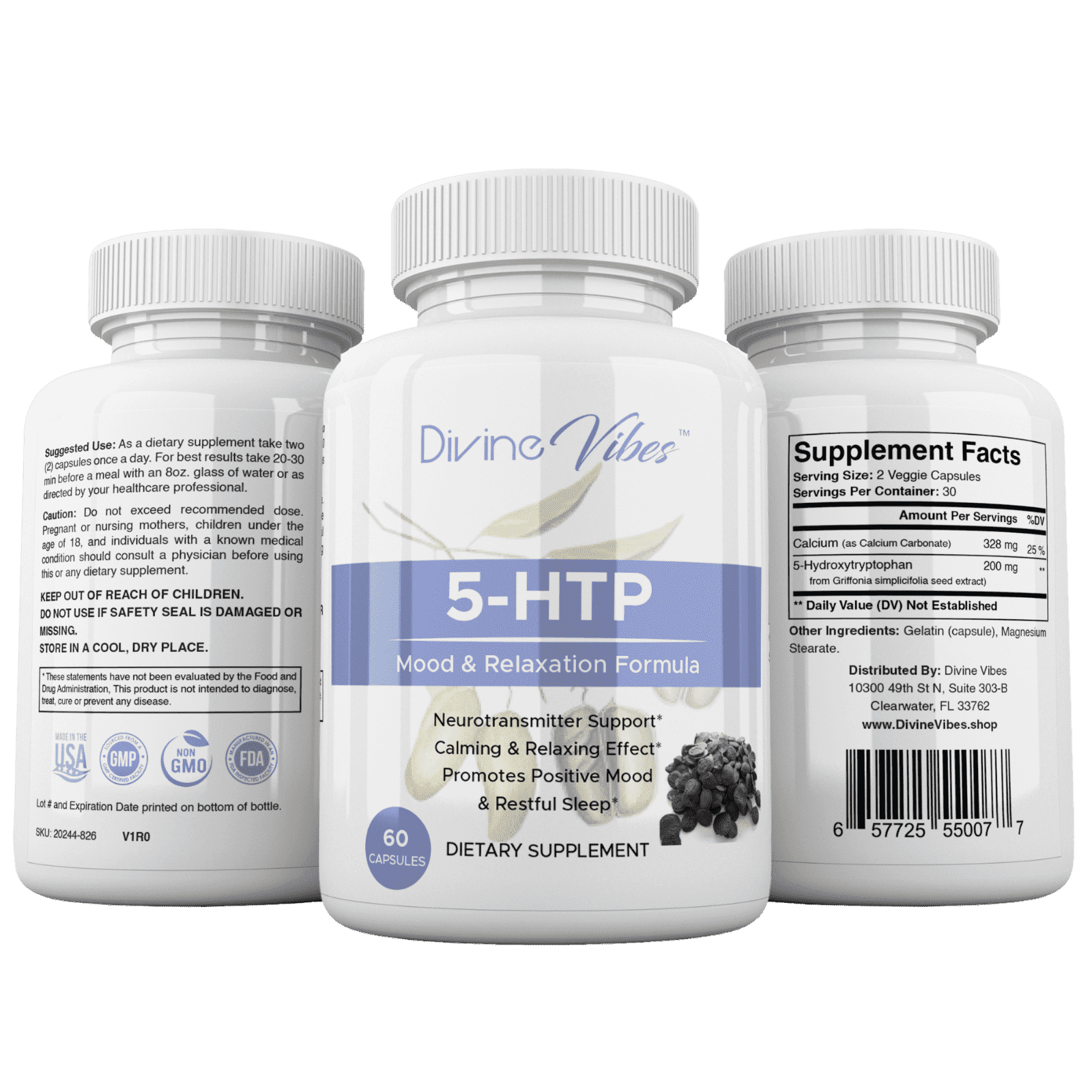 Divine Vibes 5-HTP 200mg Plus Calcium – Mood & Relaxation Formula for ...