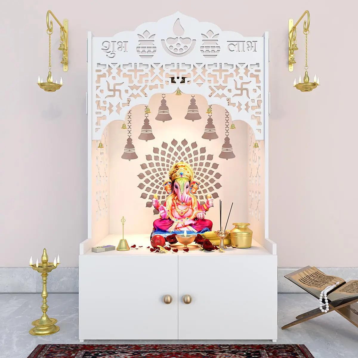Divine Wooden Floor Temple Big Size with Spacious Shelf Inbuilt Focus Light White, 46 ...